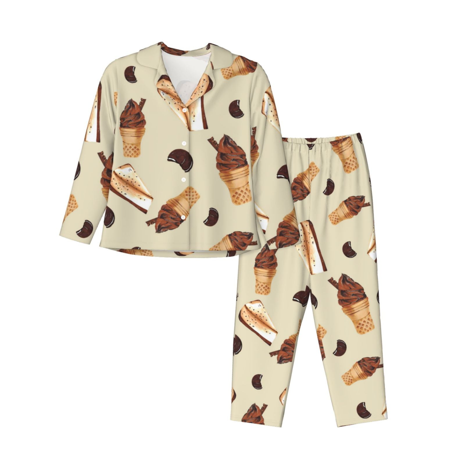 Pajama Sets for Women 2 Pcs, Chocolate Cake Ice Cream Print Button Down ...