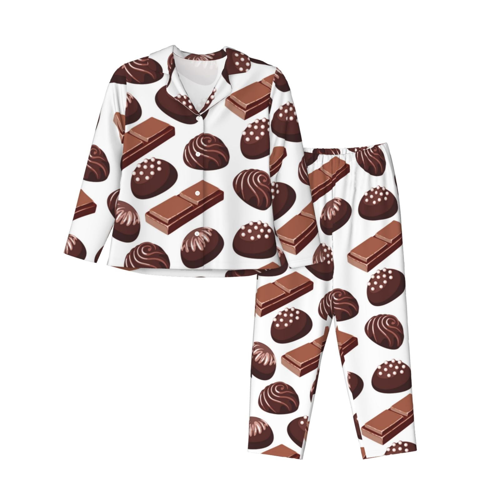 Pajama Sets for Women 2 Pcs, Chocolate Print Brown White Button Down ...