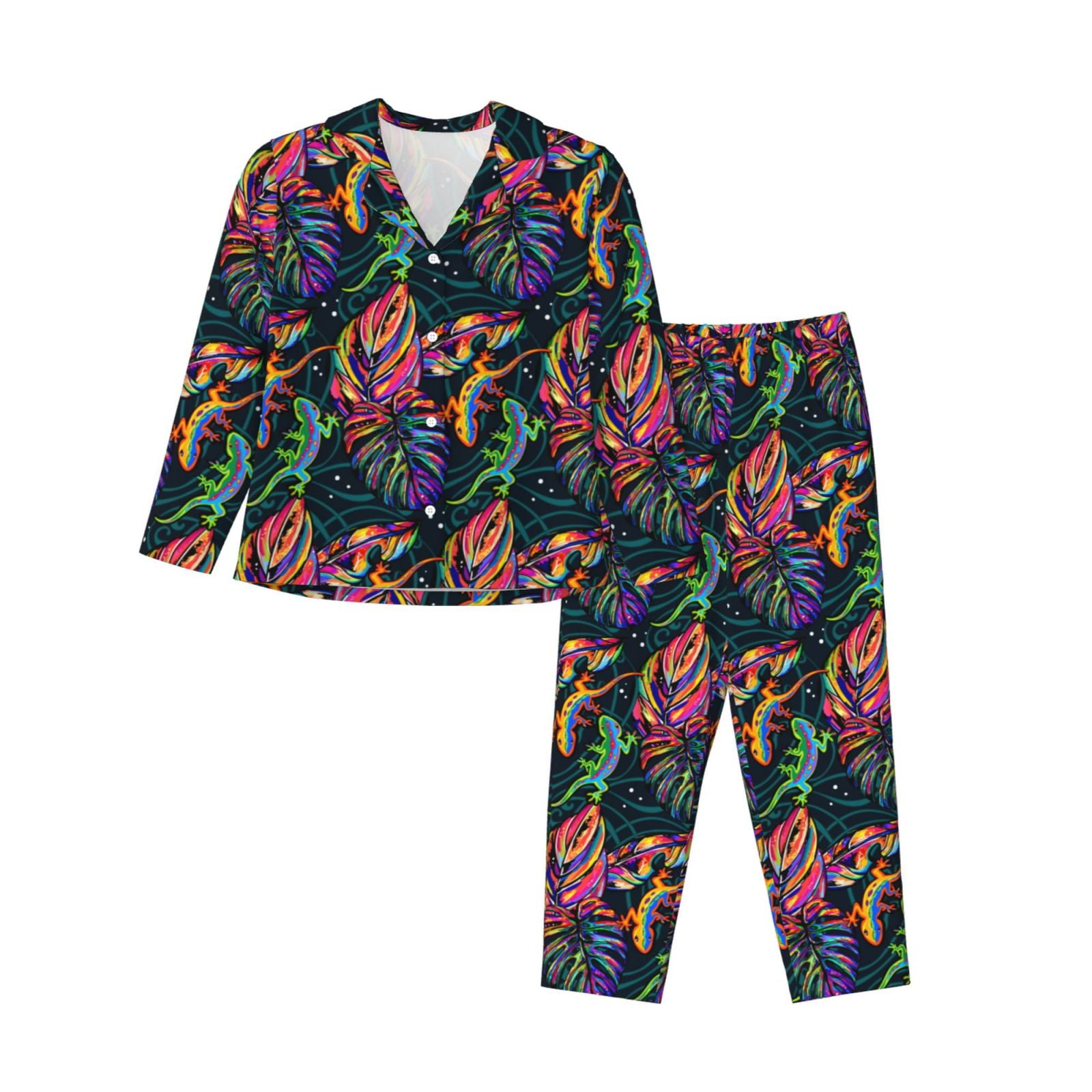 Pajama Sets for Women 2 Pcs, Colorful Gecko Cute Lizard Button Down ...