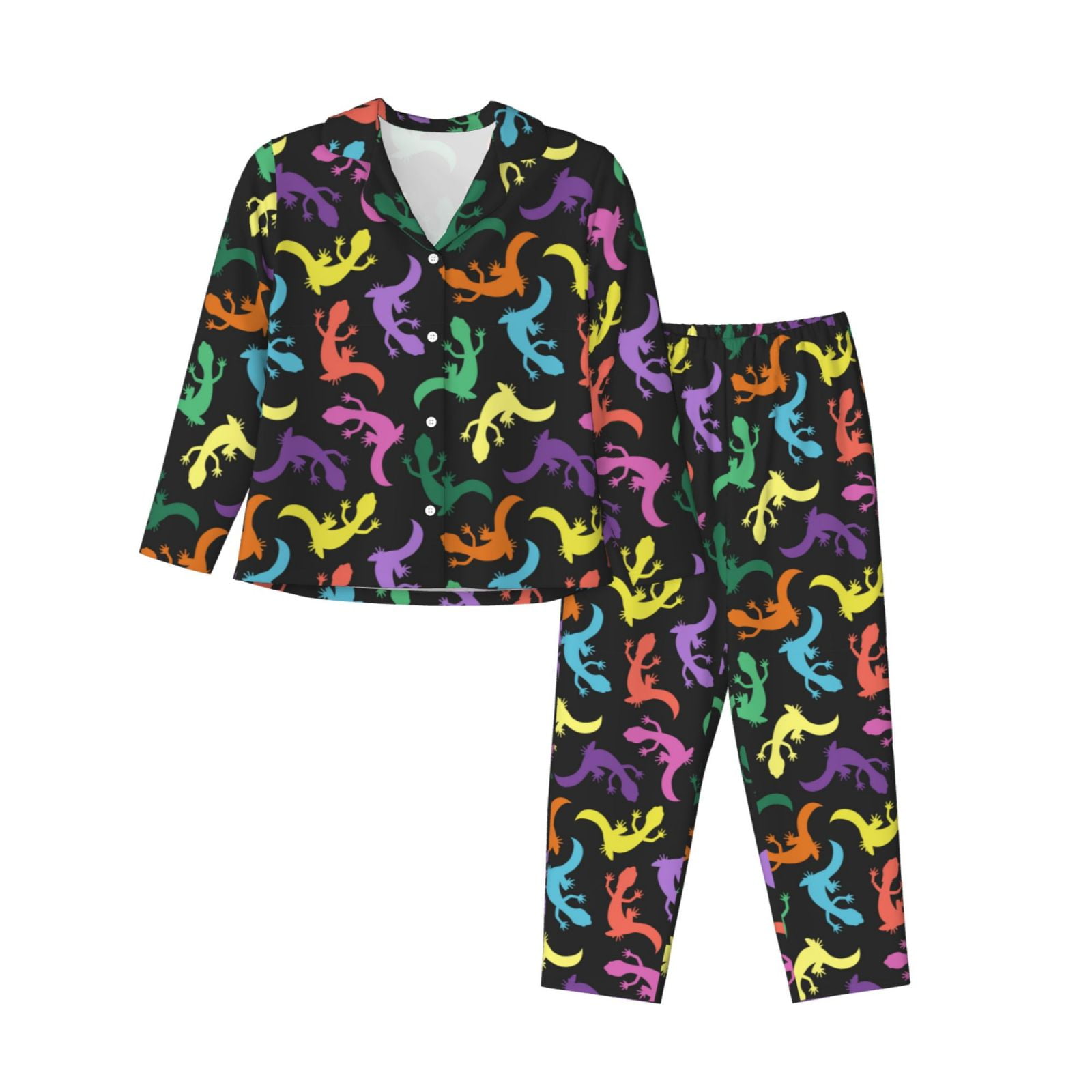 Pajama Sets for Women 2 Pcs, Colorful Lizards Button Down Long Sleeve ...