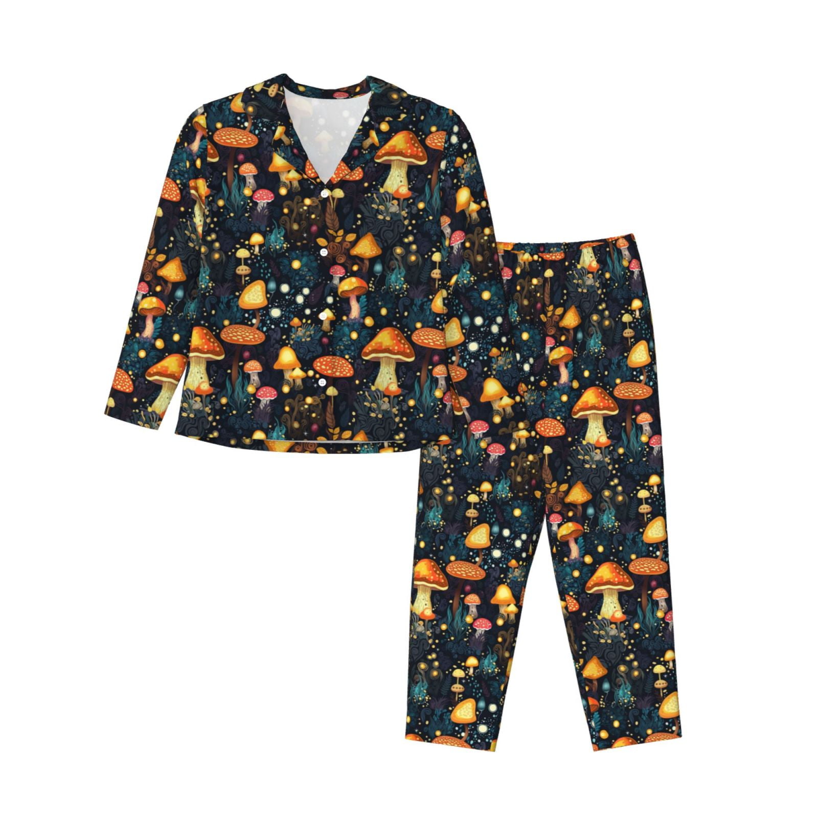 Pajama Sets for Women 2 Pcs, Colorful Plants Mushroom Button Down Long ...
