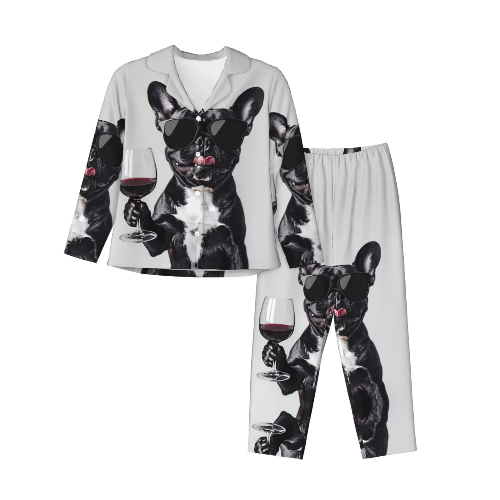 Pajama Sets for Women 2 Pcs, Cool French Bulldog Wine Button Down Long ...