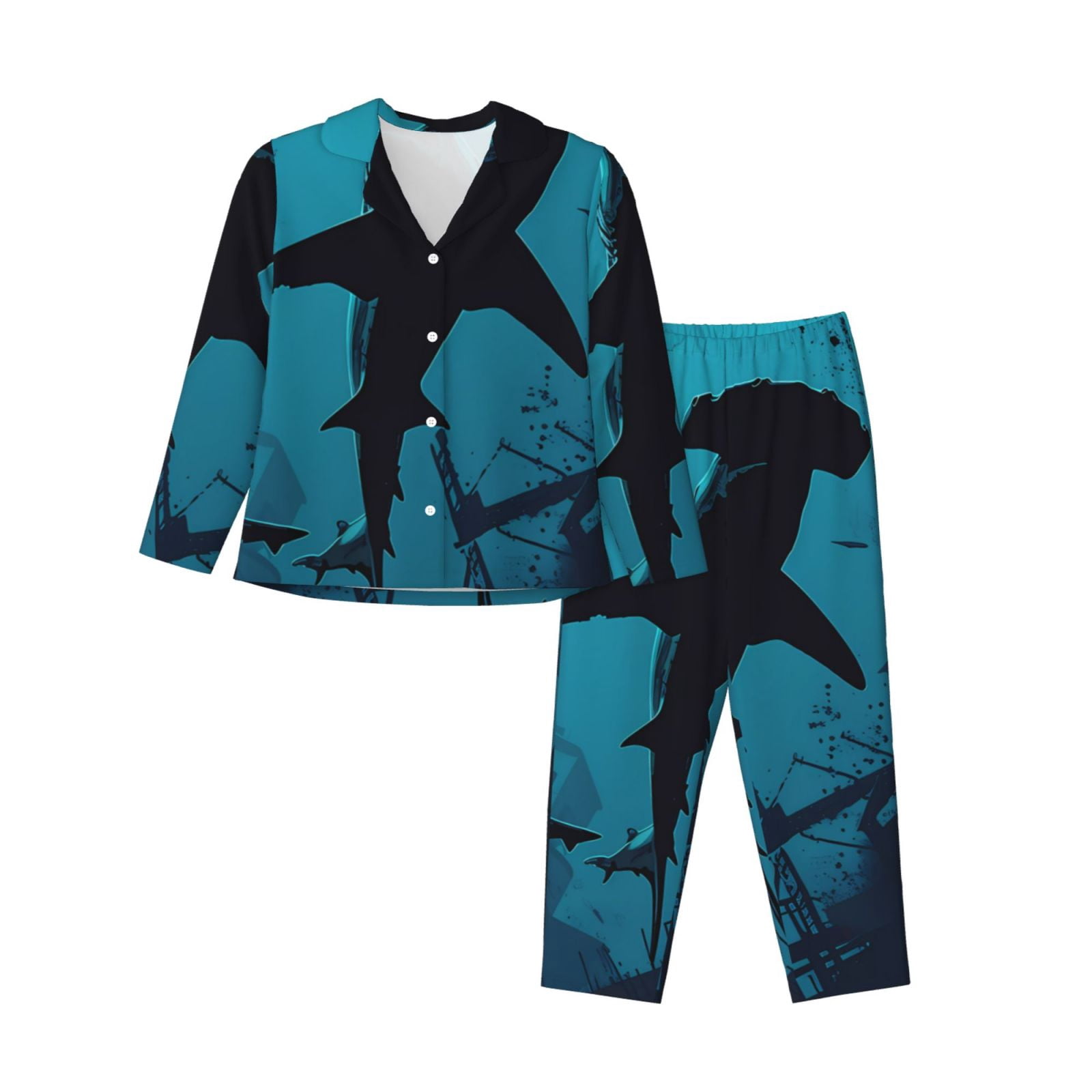 Pajama Sets for Women 2 Pcs, Cool Undersea Hammerhead Shark Button Down ...