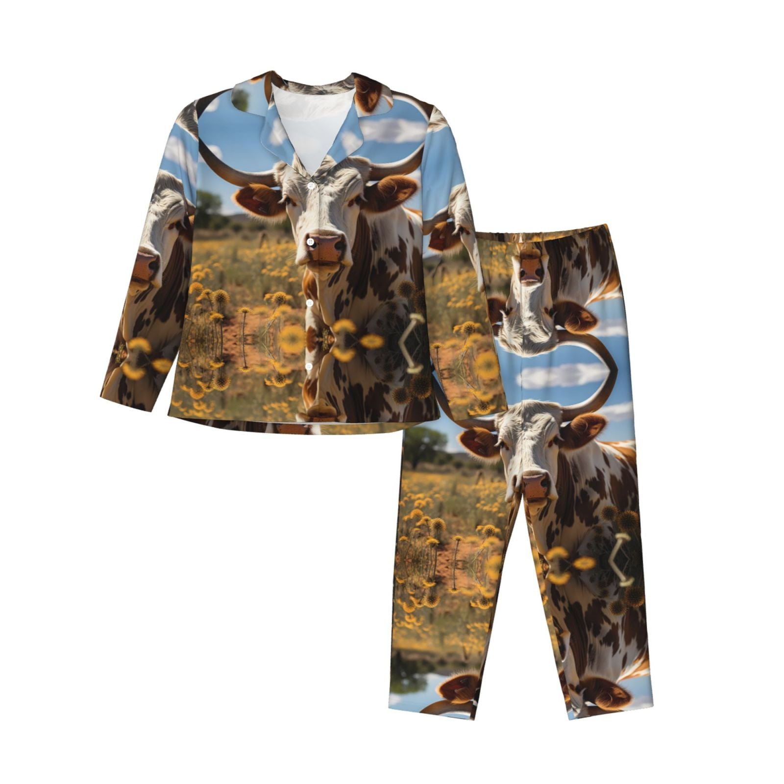 Pajama Sets for Women 2 Pcs, Countryside Flower Cow Button Down Long ...