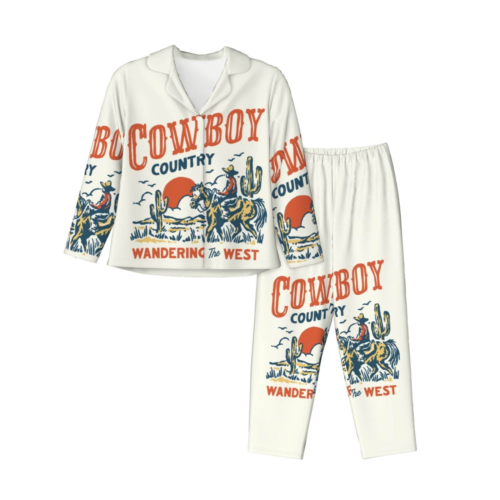 Pajama Sets for Women 2 Pcs, Cowboy Rising Horse Button Down Long ...