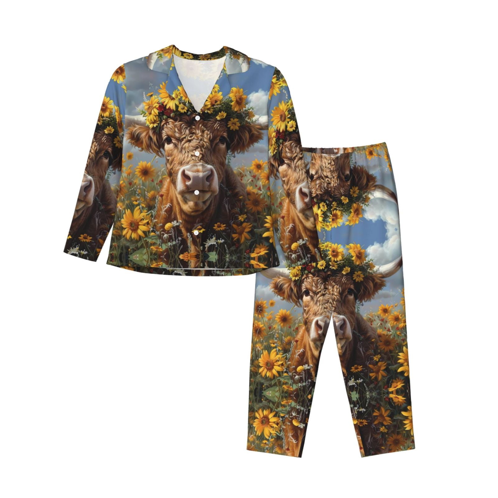 Pajama Sets for Women 2 Pcs, Cute Cow Sunflower Crown A Button Down ...