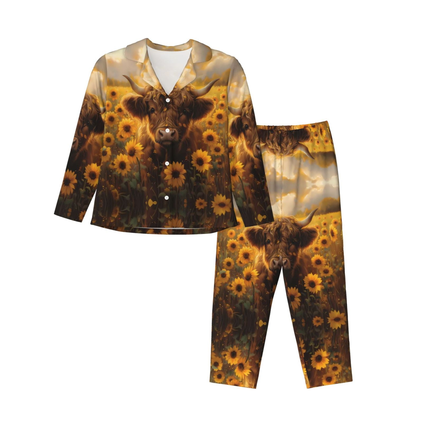 Pajama Sets for Women 2 Pcs, Cute Cow Sunflower Field Button Down Long Sleeve Sleepwear Lounge ...