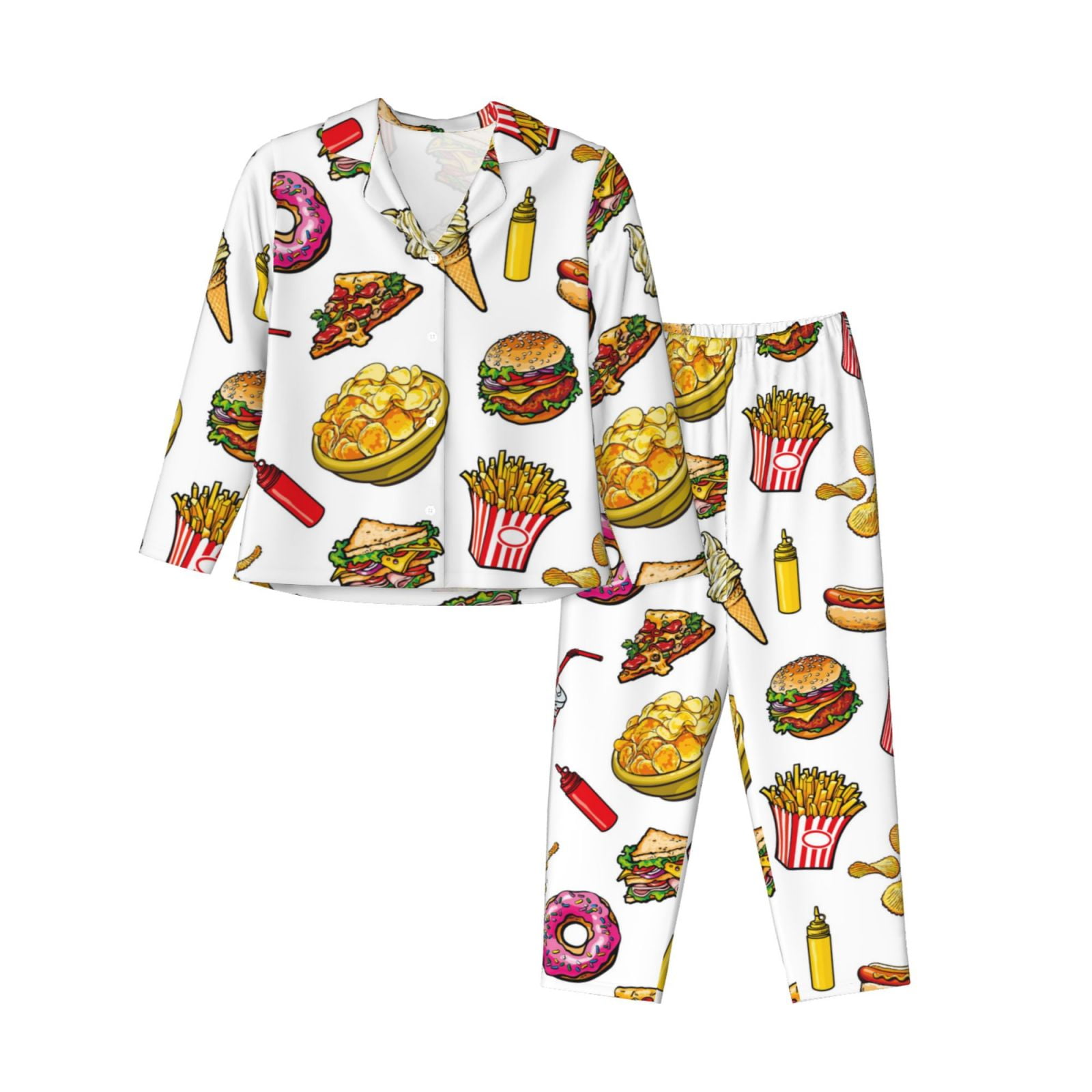 Pajama Sets for Women 2 Pcs, Cute Food Ketchup Potato Chips Button Down ...