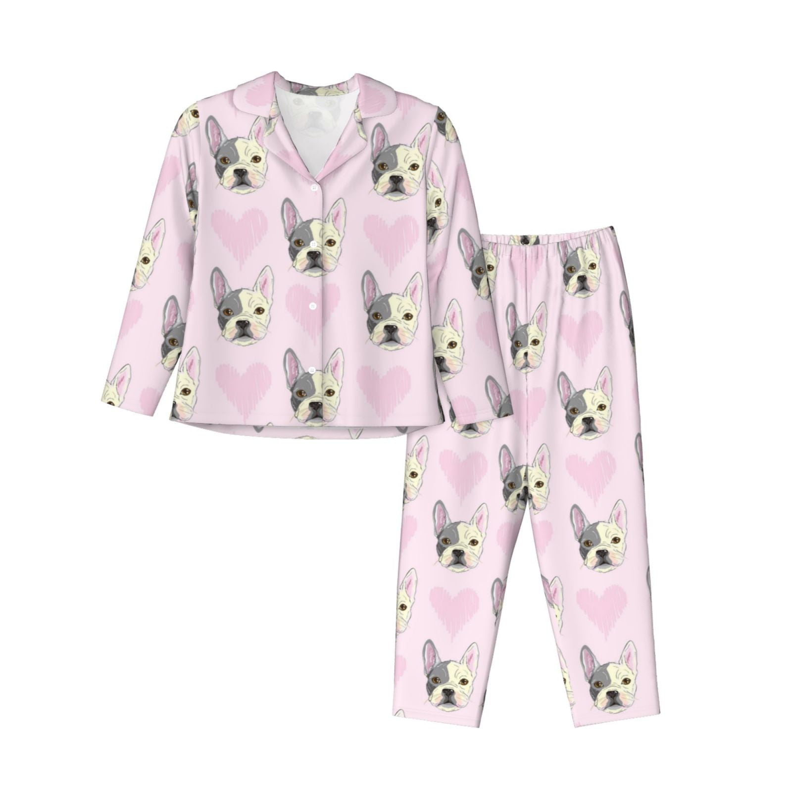 Pajama Sets for Women 2 Pcs, Cute French Bulldog Face Love Button Down ...