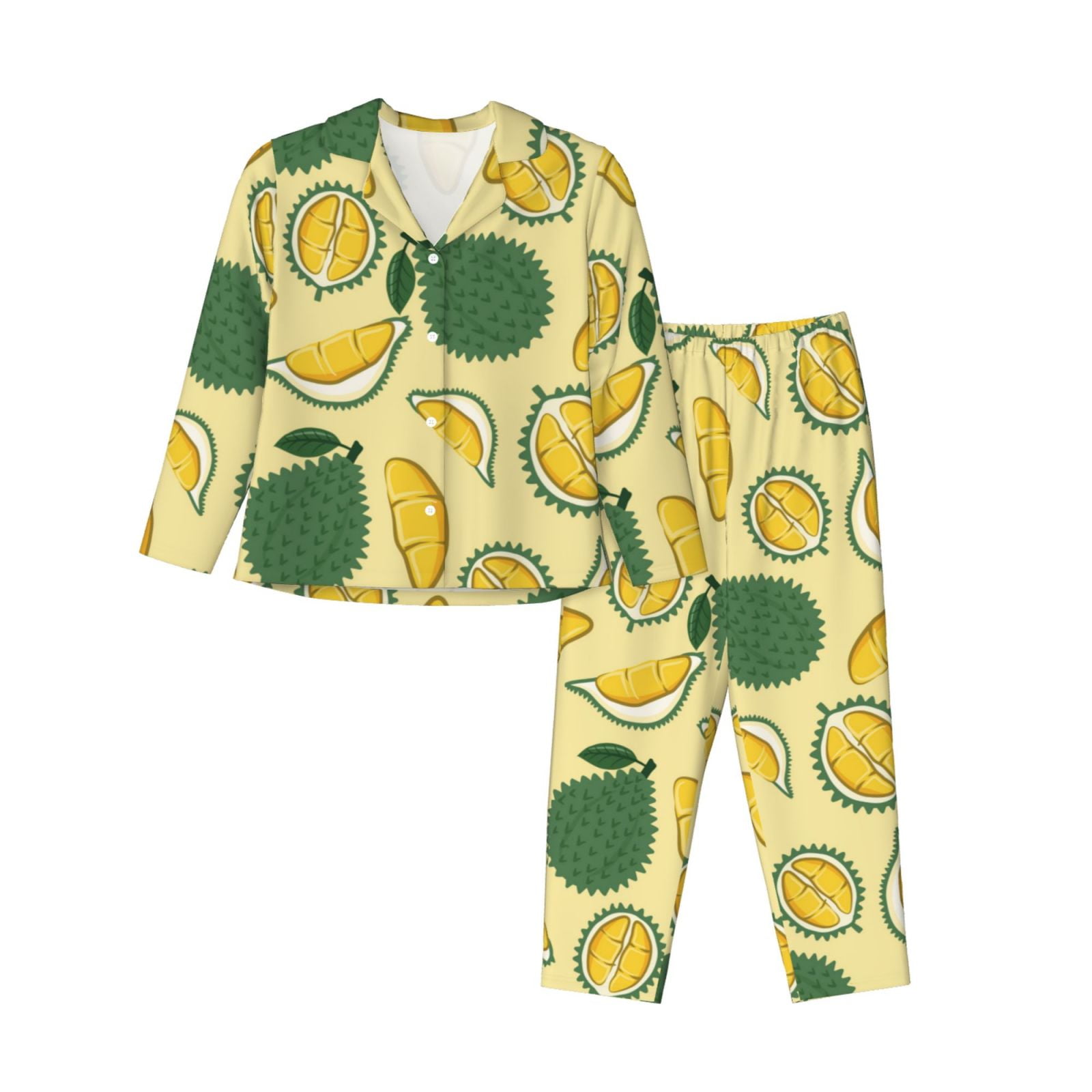 Pajama Sets for Women 2 Pcs, Cute Gold Durian Button Down Long Sleeve ...