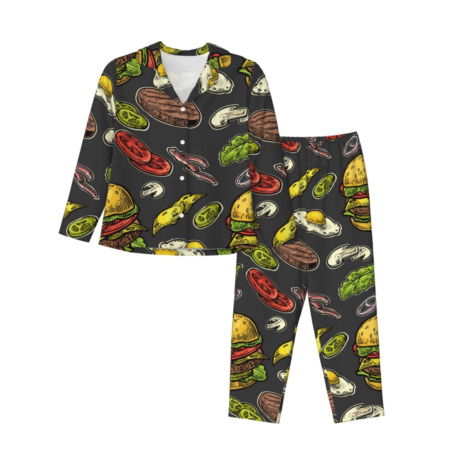 Pajama Sets for Women 2 Pcs, Cute Hamburger Beef Vegetables Button Down ...