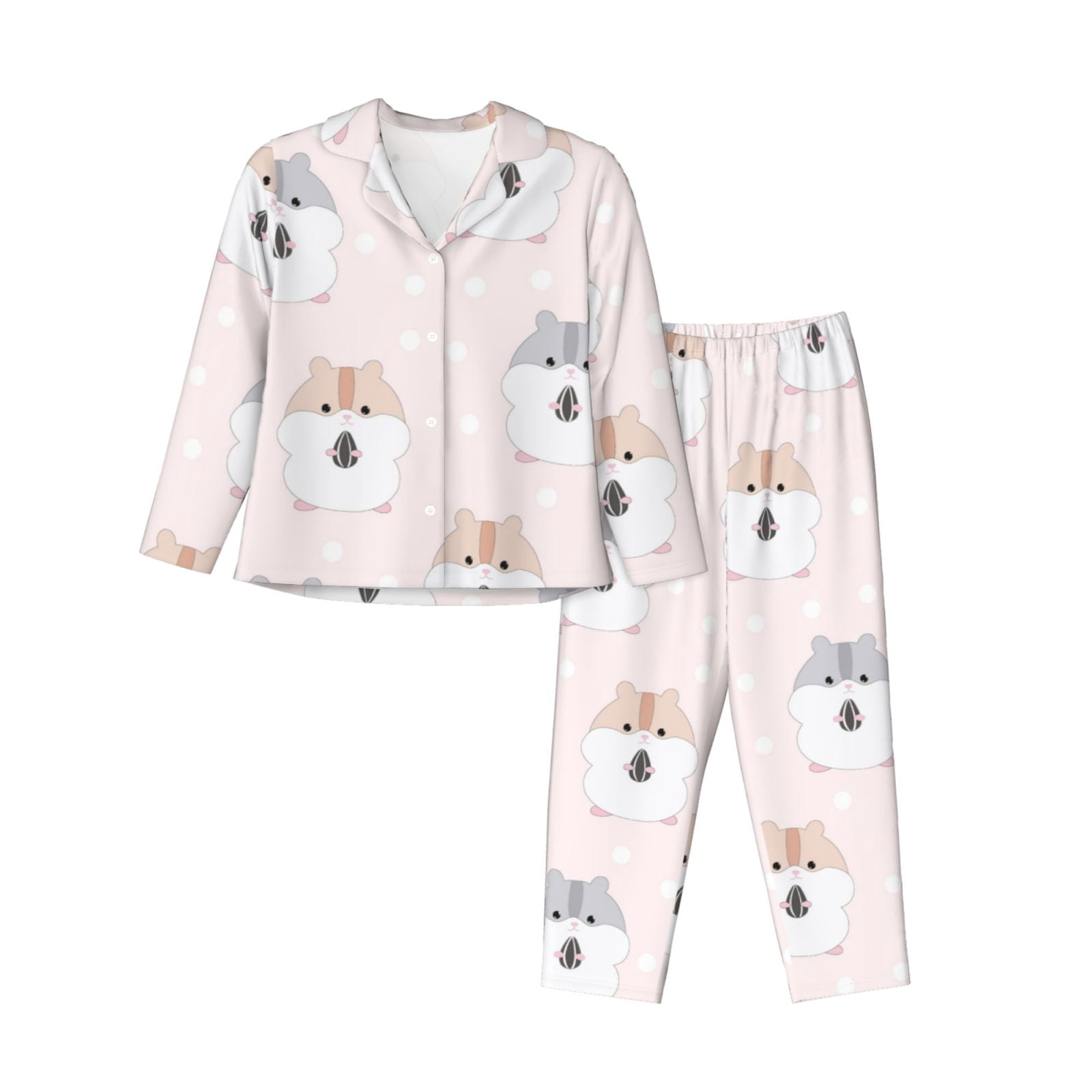 Pajama Sets for Women 2 Pcs, Cute Hamster Sunflower Seed Pink Button ...