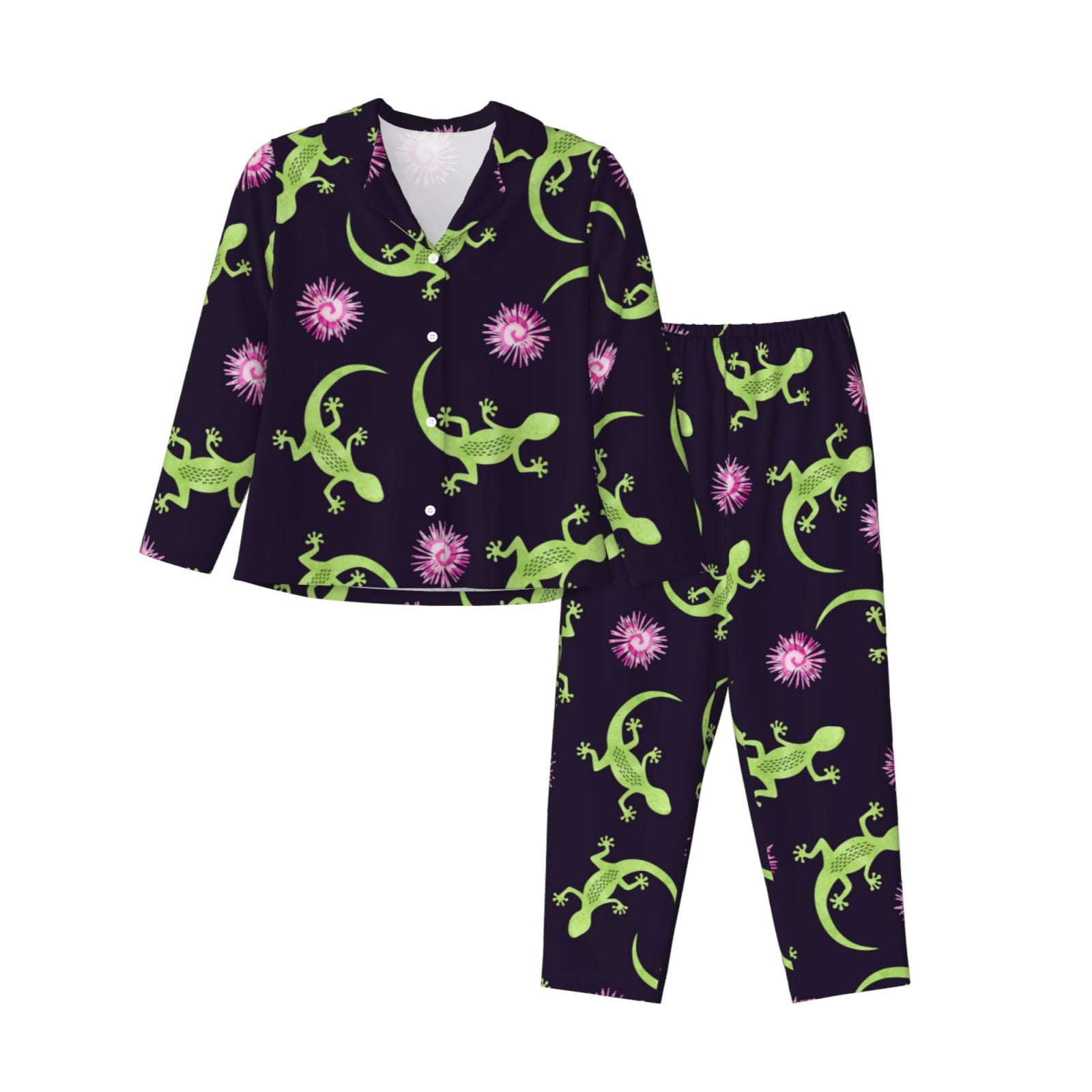 Pajama Sets for Women 2 Pcs, Cute Lizard Gecko Floral Pink Button Down ...