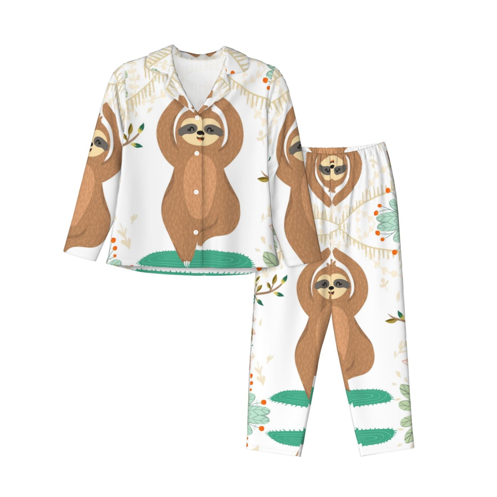 Pajama Sets for Women 2 Pcs, Cute Sloth In Yoga Pose Tree Button Down ...