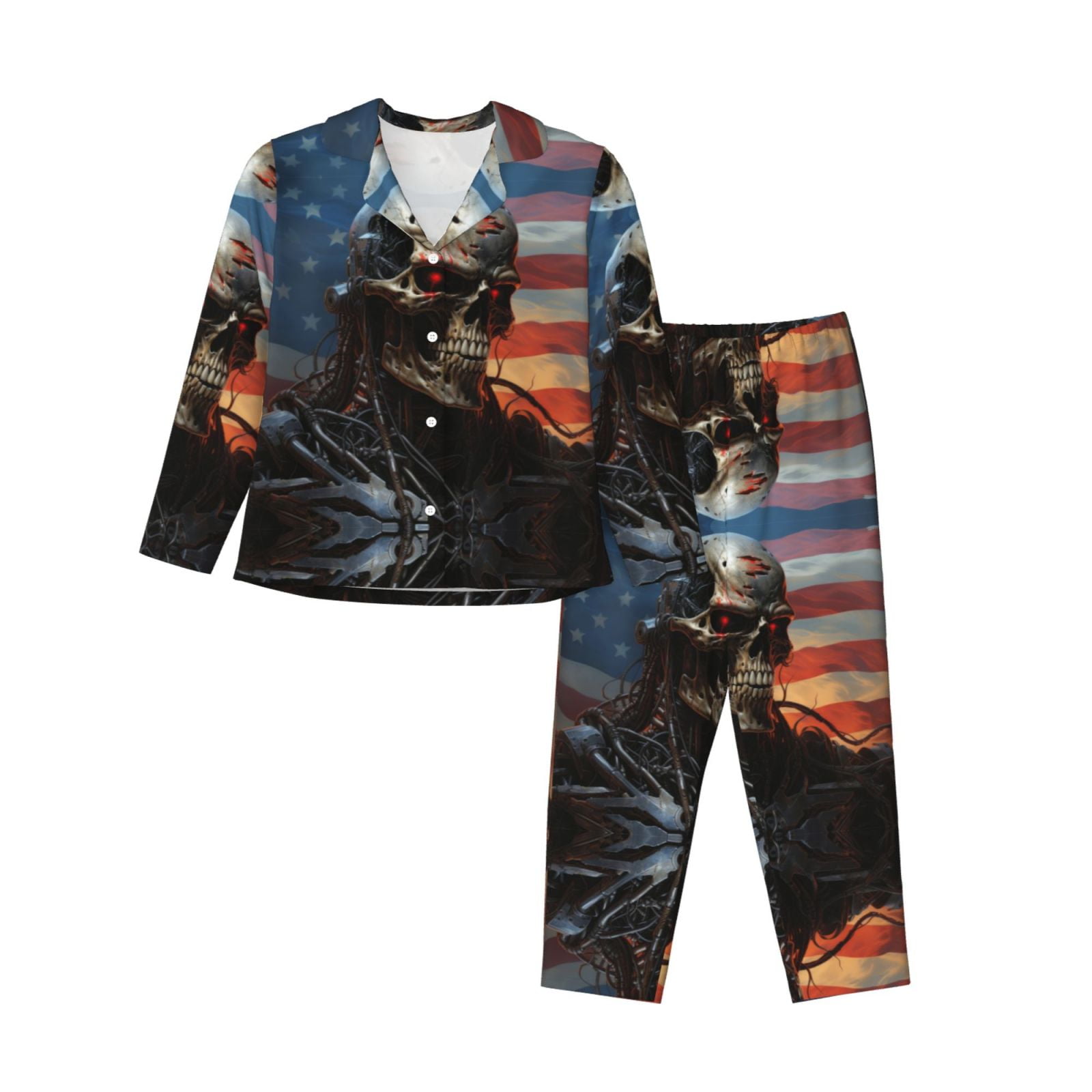 Pajama Sets for Women 2 Pcs, Cyberpunk Skull American Flag Button Down ...