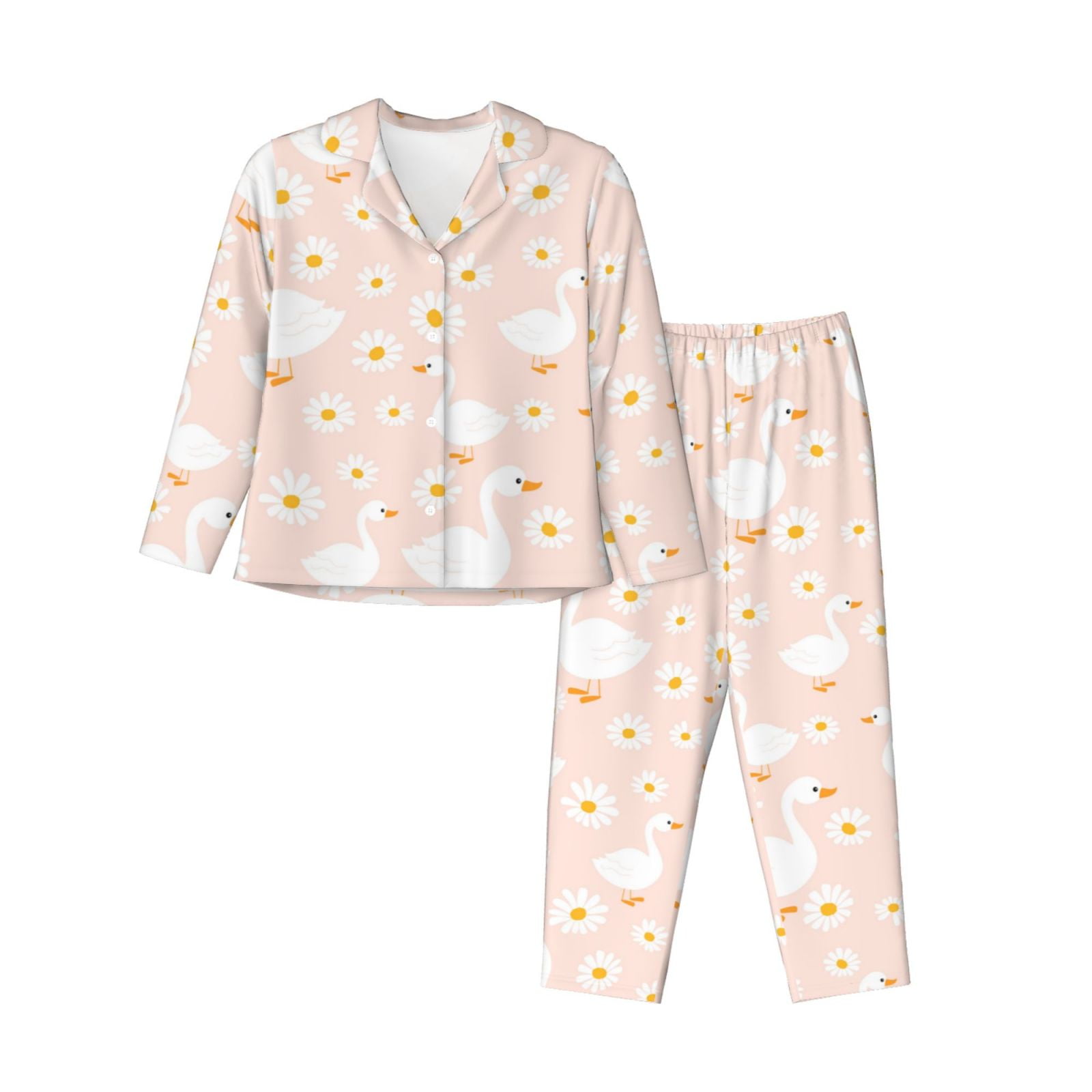 Pajama Sets for Women 2 Pcs, Daisy Cute Duck Pink Button Down Long ...