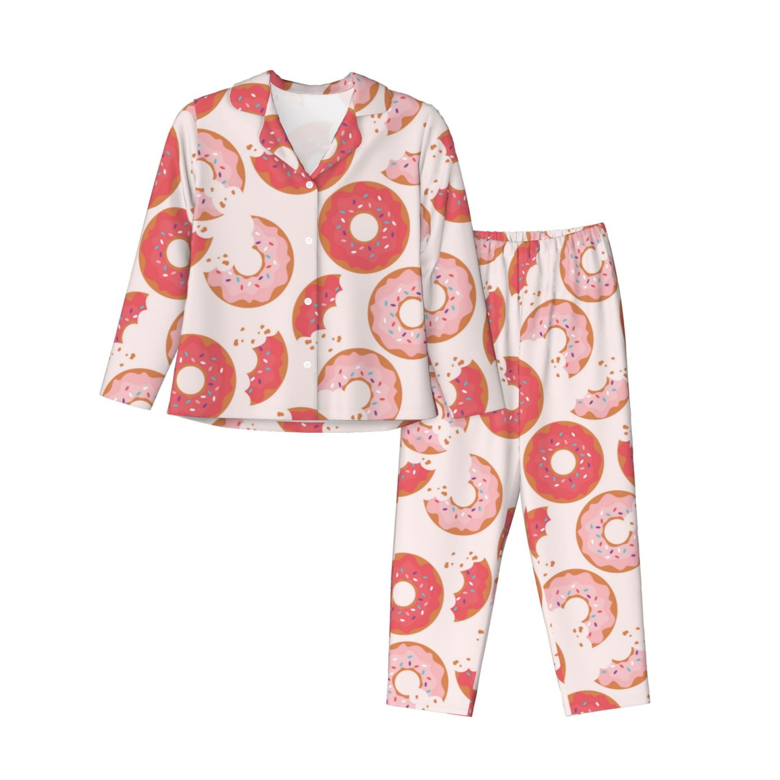 Pajama Sets for Women 2 Pcs, Donut Print Pink Button Down Long Sleeve ...