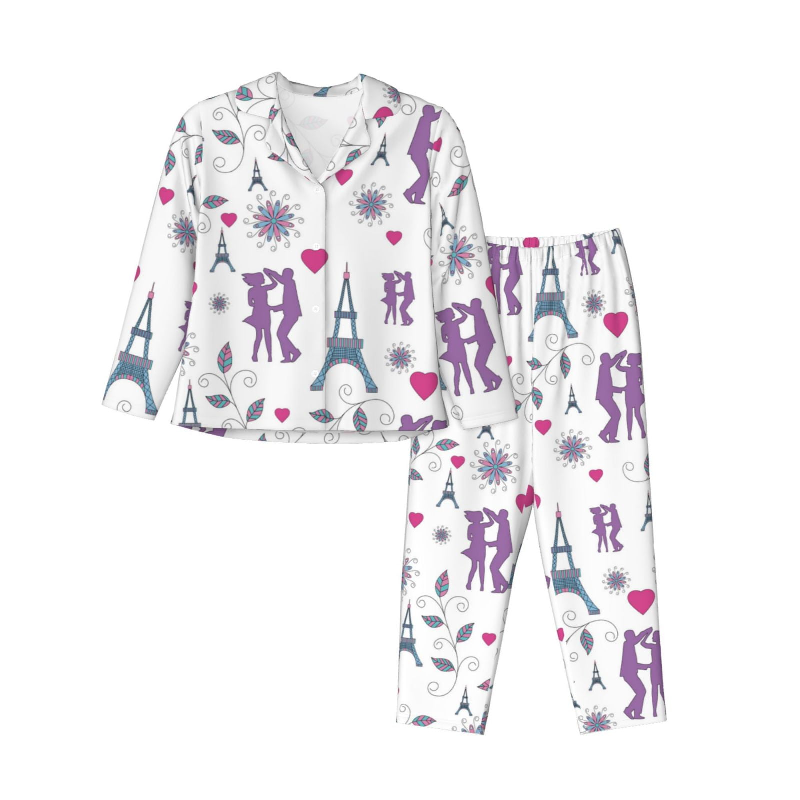 Pajama Sets for Women 2 Pcs, Eiffel Tower dancing Button Down Long ...