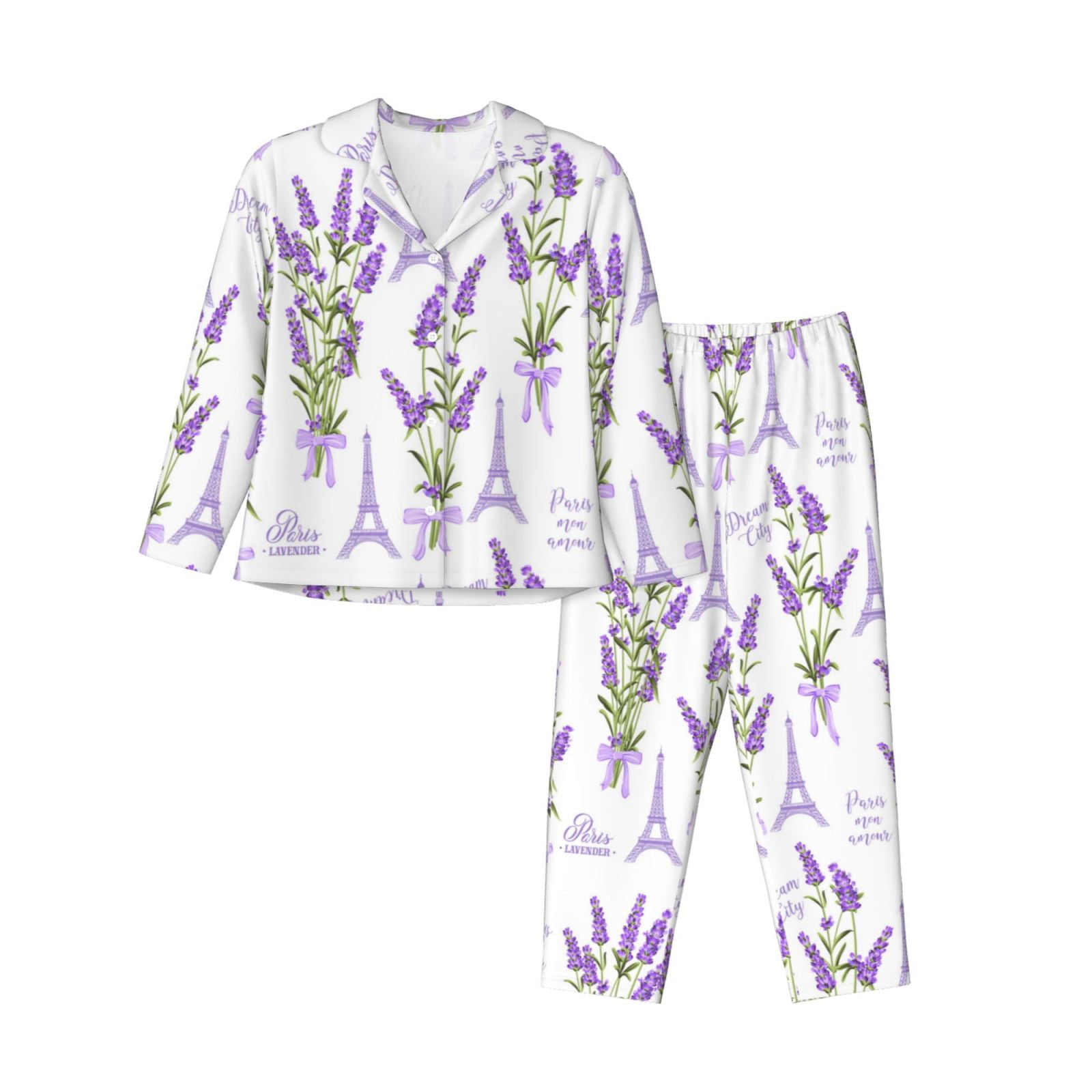 Pajama Sets for Women 2 Pcs, Eiffel Tower purple Button Down Long ...