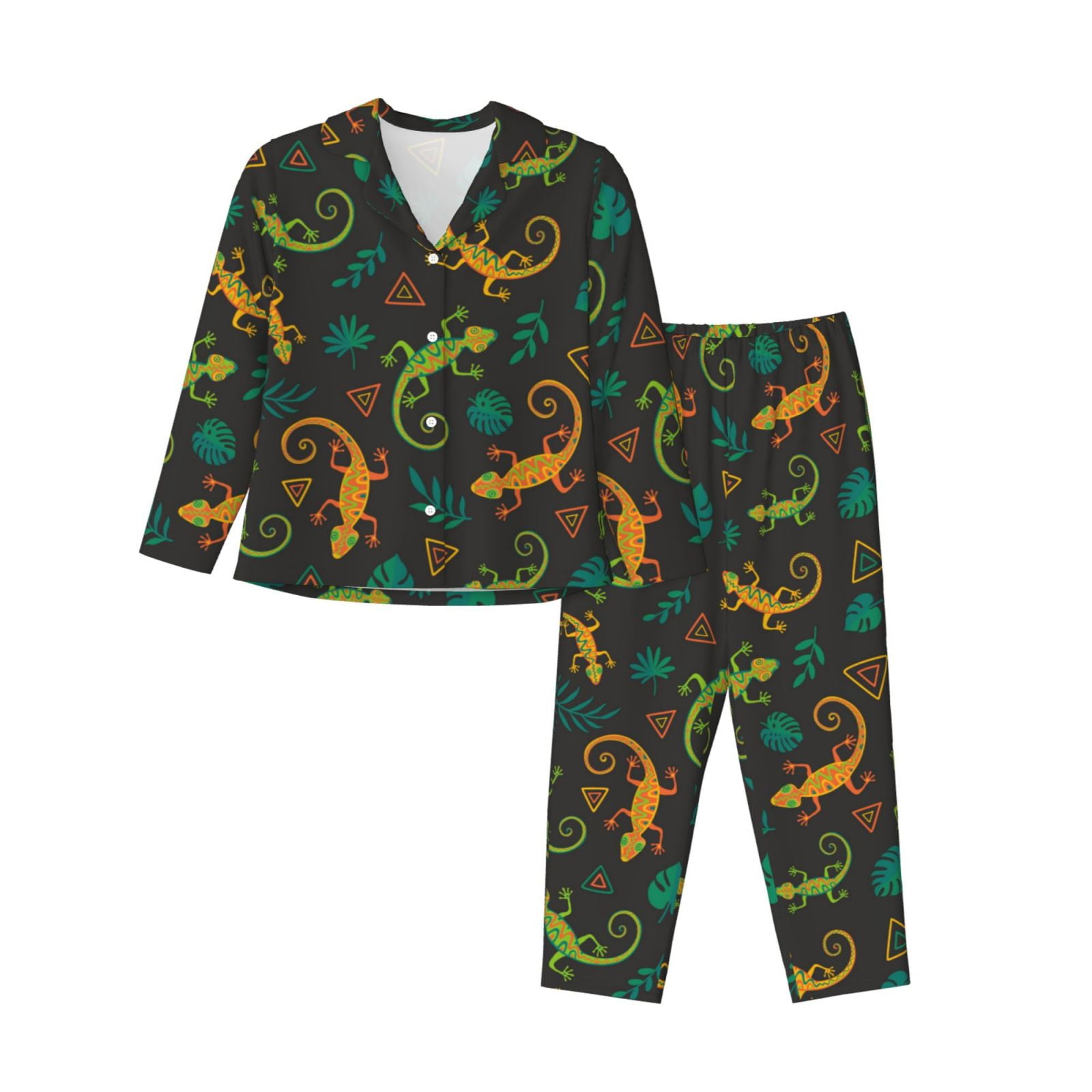Pajama Sets for Women 2 Pcs, Exotic Funny Gecko Lizard Leaves Button ...