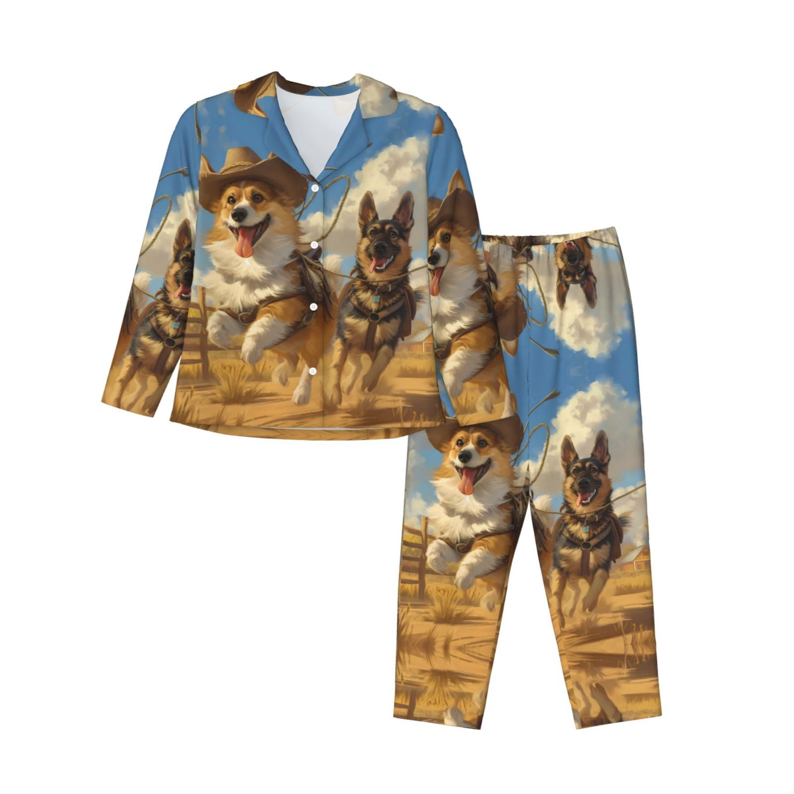 Pajama Sets for Women 2 Pcs, Farm Corgi German Shepherd Button Down ...