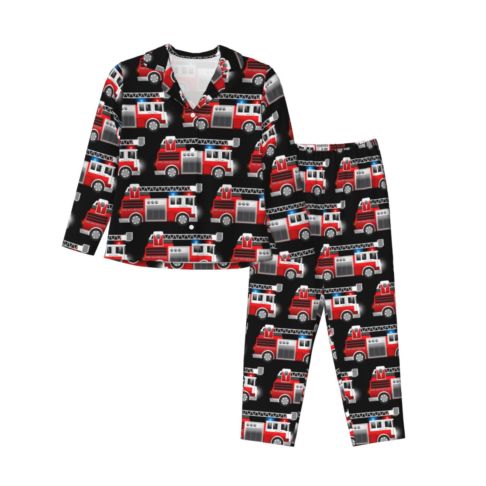 Pajama Sets for Women 2 Pcs, Fire and Rescue Truck Button Down Long ...