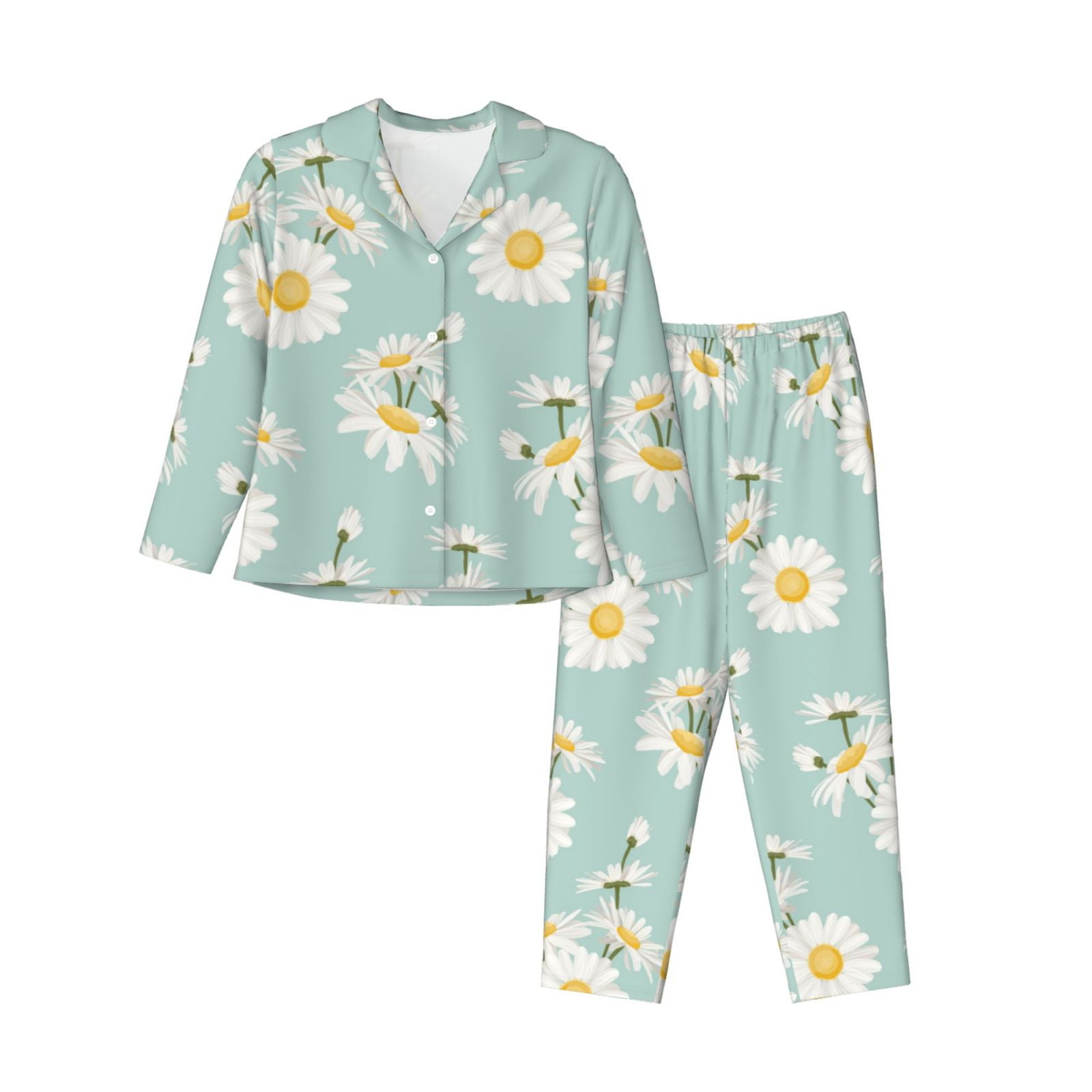 Pajama Sets for Women 2 Pcs, Floral daisy A Button Down Long Sleeve ...