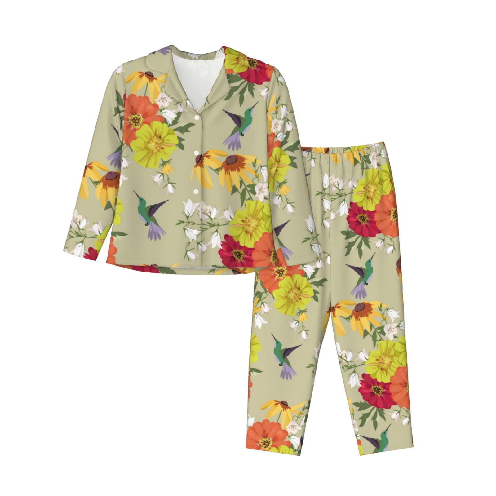 Pajama Sets for Women 2 Pcs, Flowers and Hummingbirds Button Down Long ...