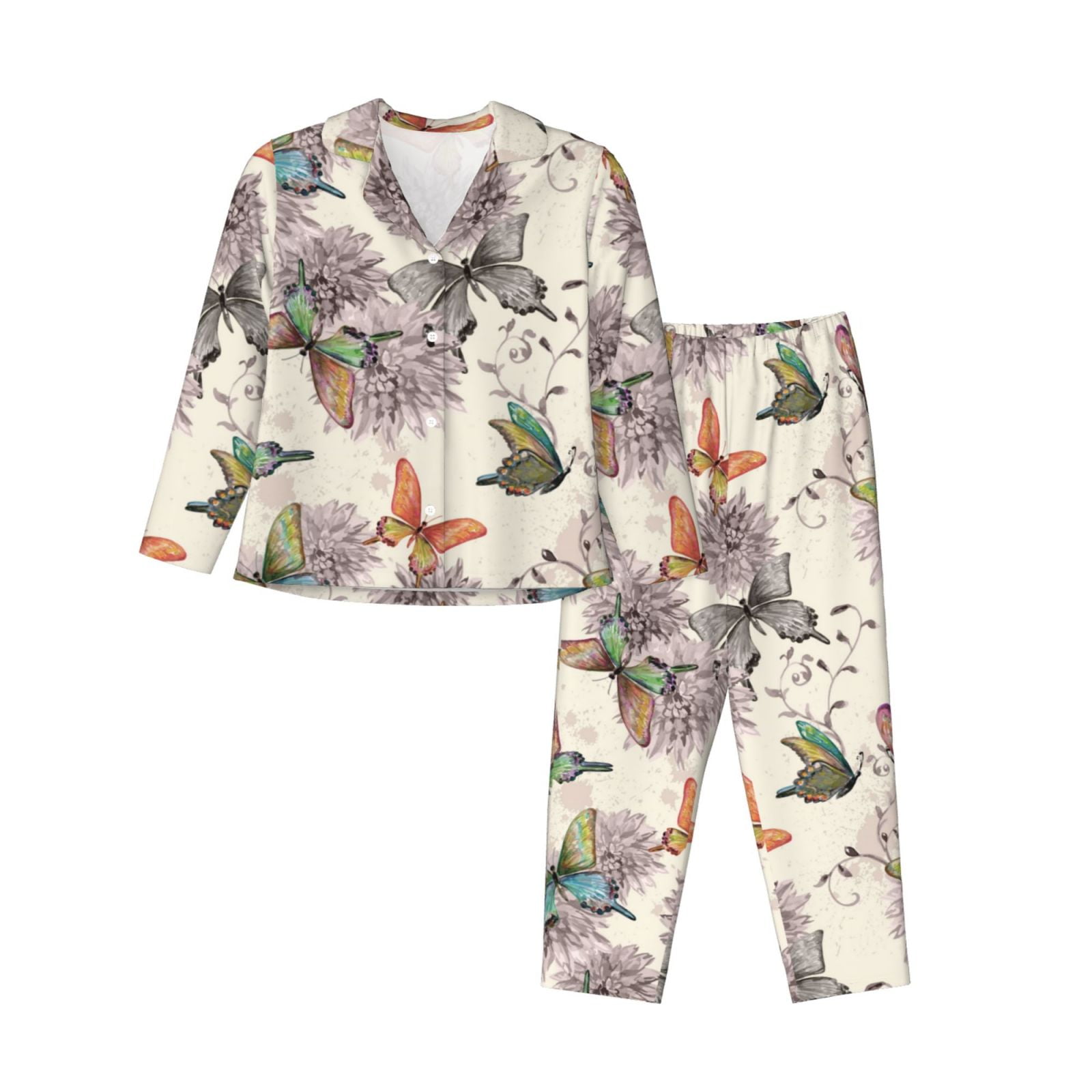 Pajama Sets for Women 2 Pcs, Flying Butterflies-1 Button Down Long ...