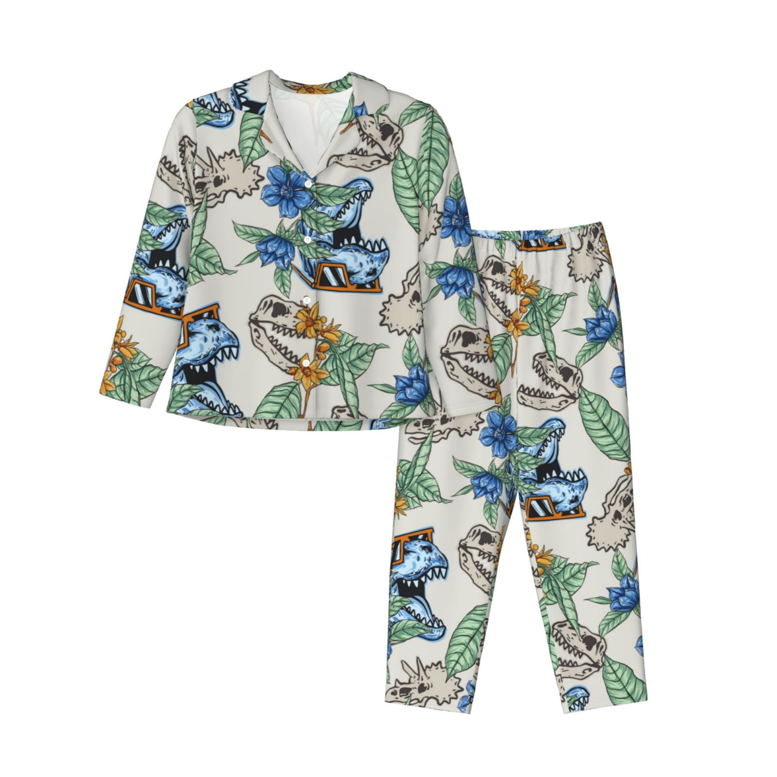 Pajama Sets for Women 2 Pcs, Fun Dinosaur Head Button Down Long Sleeve ...