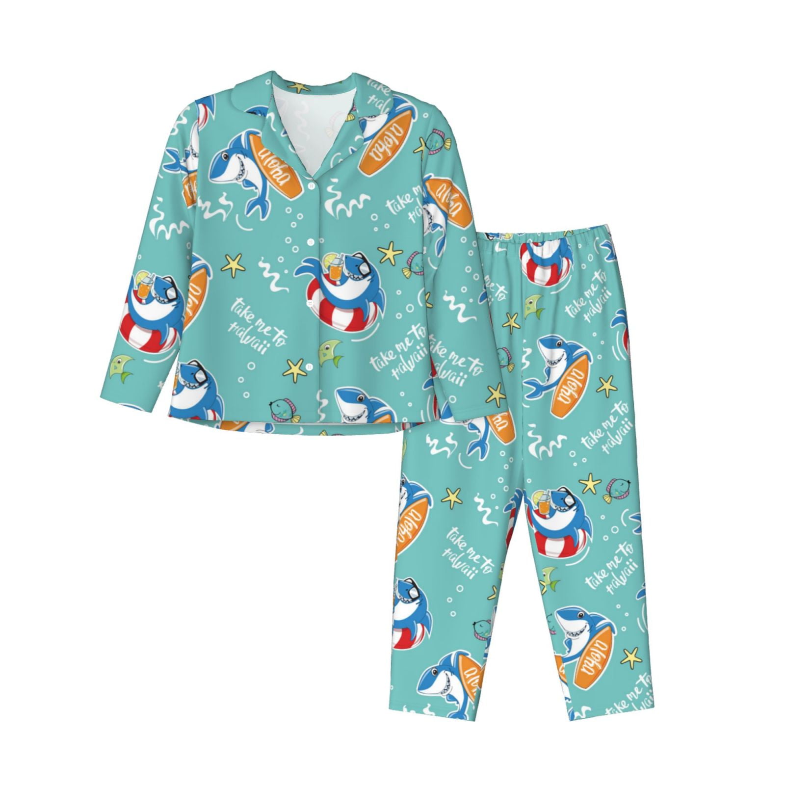 Pajama Sets for Women 2 Pcs, Funny cartoon sharks Button Down Long ...
