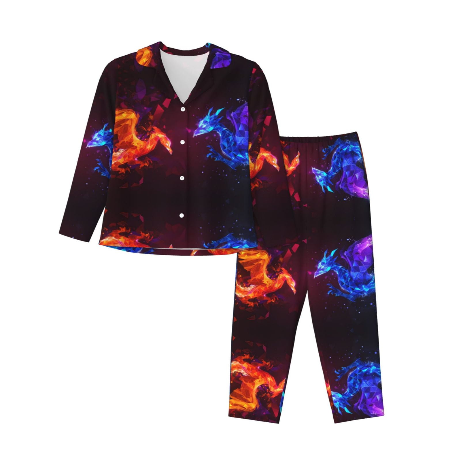 Pajama Sets for Women 2 Pcs, Futuristic Red and Blue Bird Button Down ...