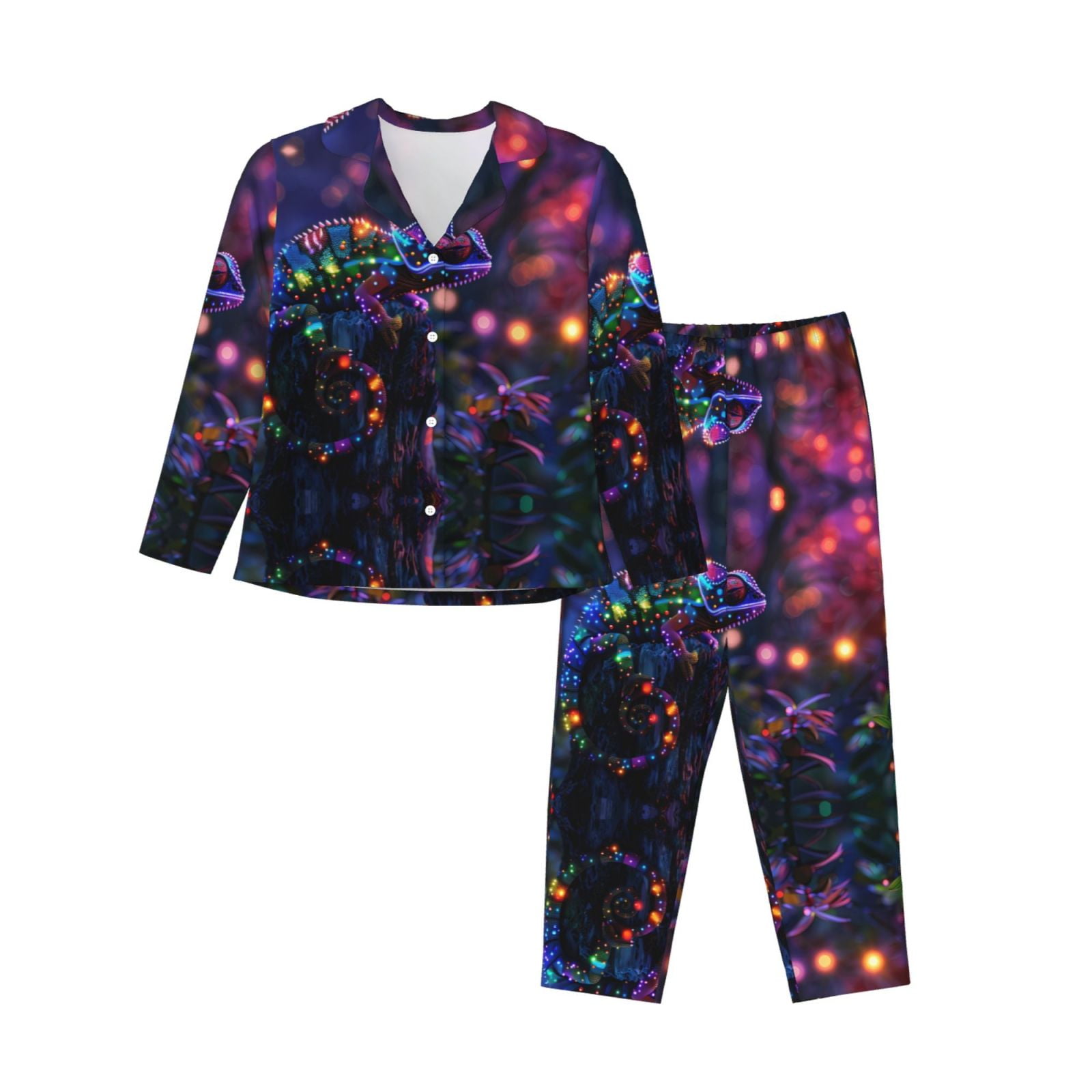 Pajama Sets for Women 2 Pcs, Glowing Chameleon Fantasy Art Button Down ...