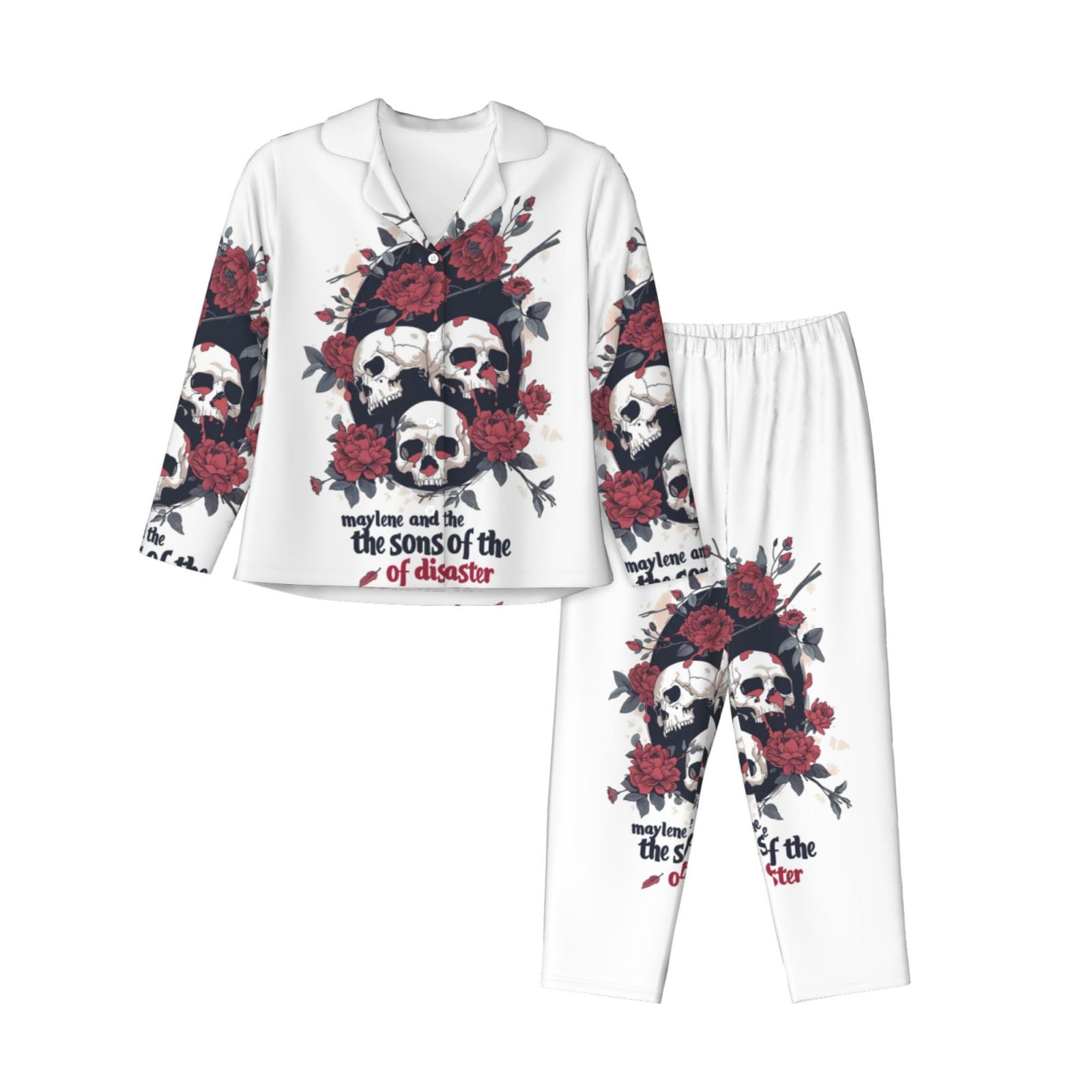 Pajama Sets for Women 2 Pcs, Gothic Skulls And Roses Button Down Long ...