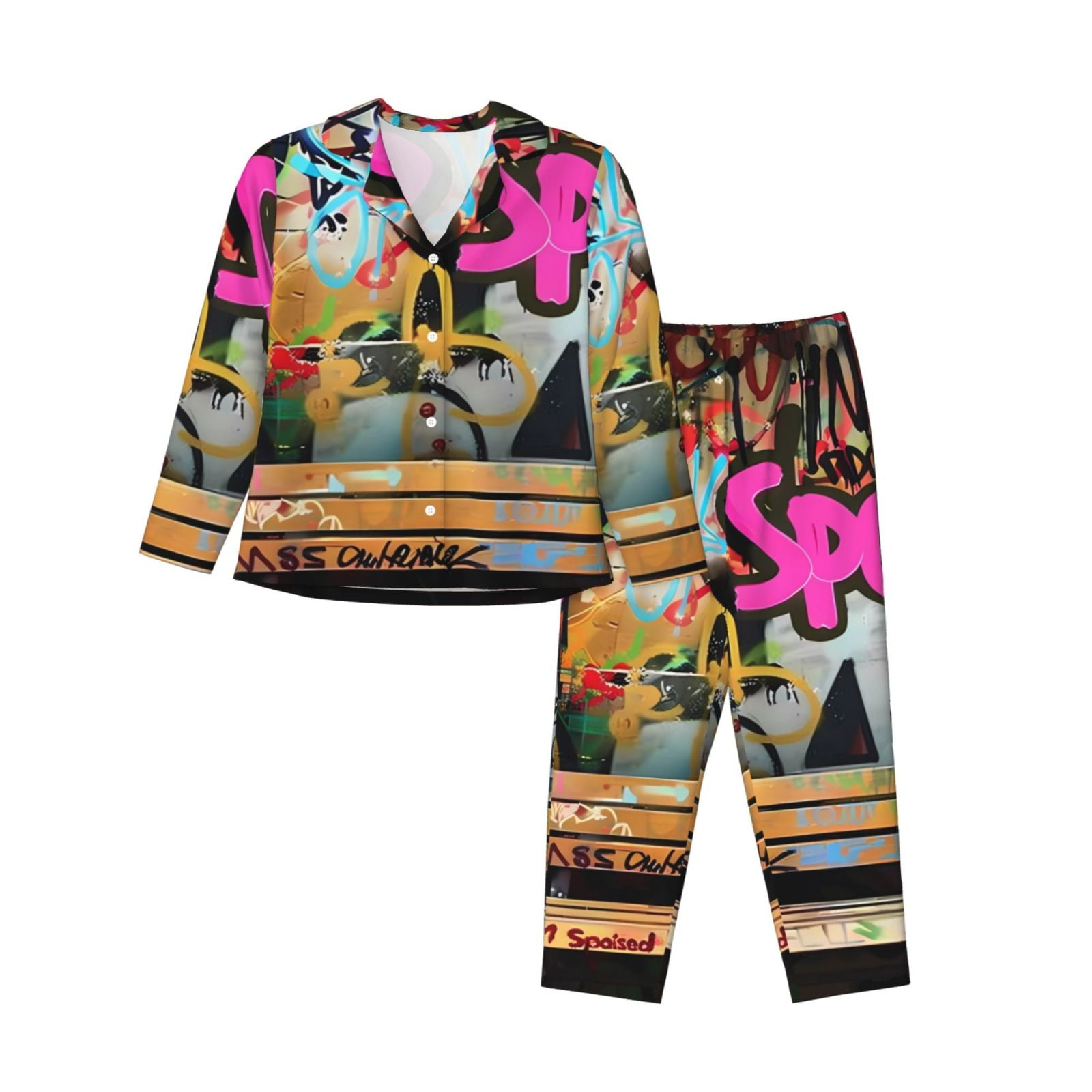 Pajama Sets for Women 2 Pcs, Graffiti Lamp Urban Scene Button Down Long ...