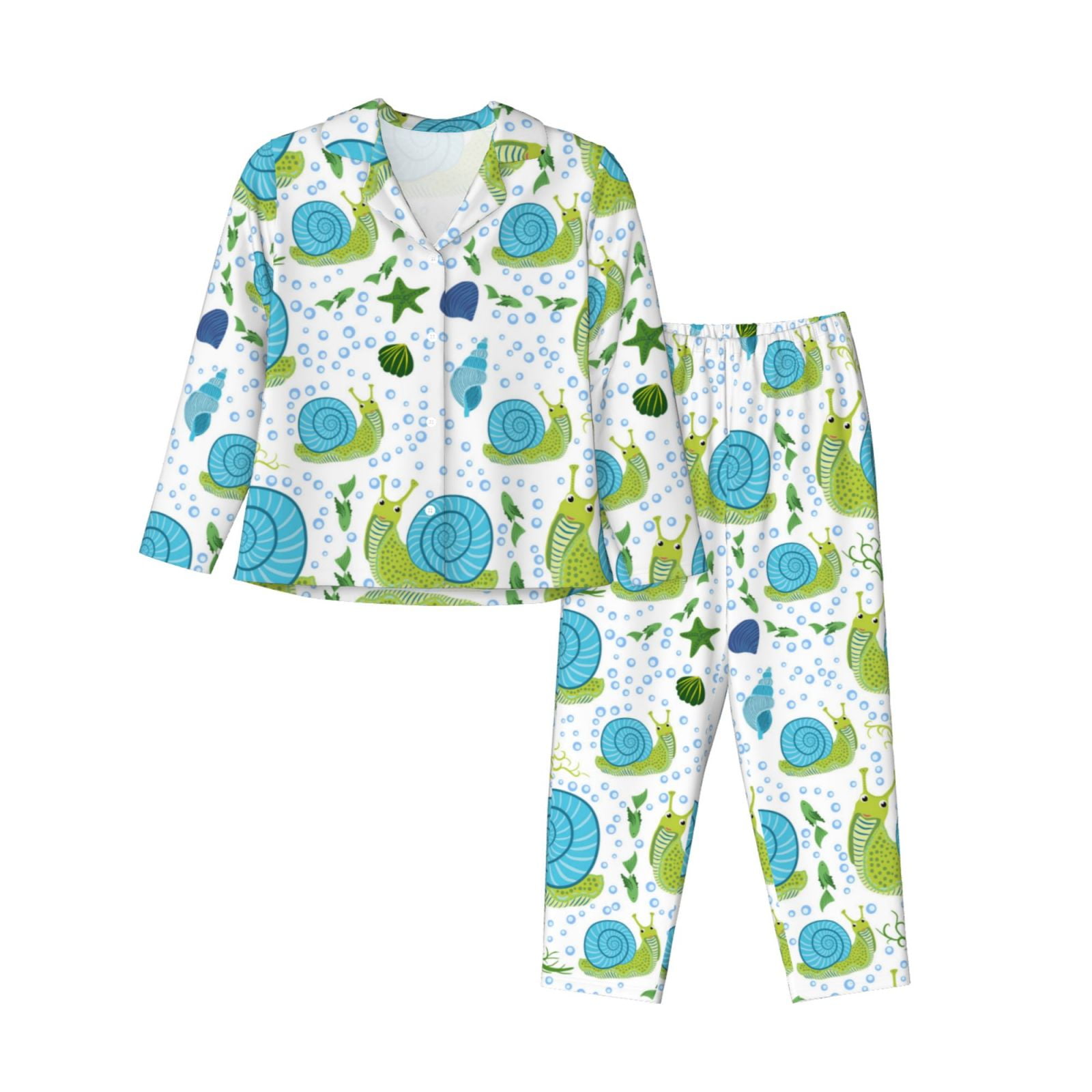 Pajama Sets for Women 2 Pcs, Green Blue Slug Shells Button Down Long ...