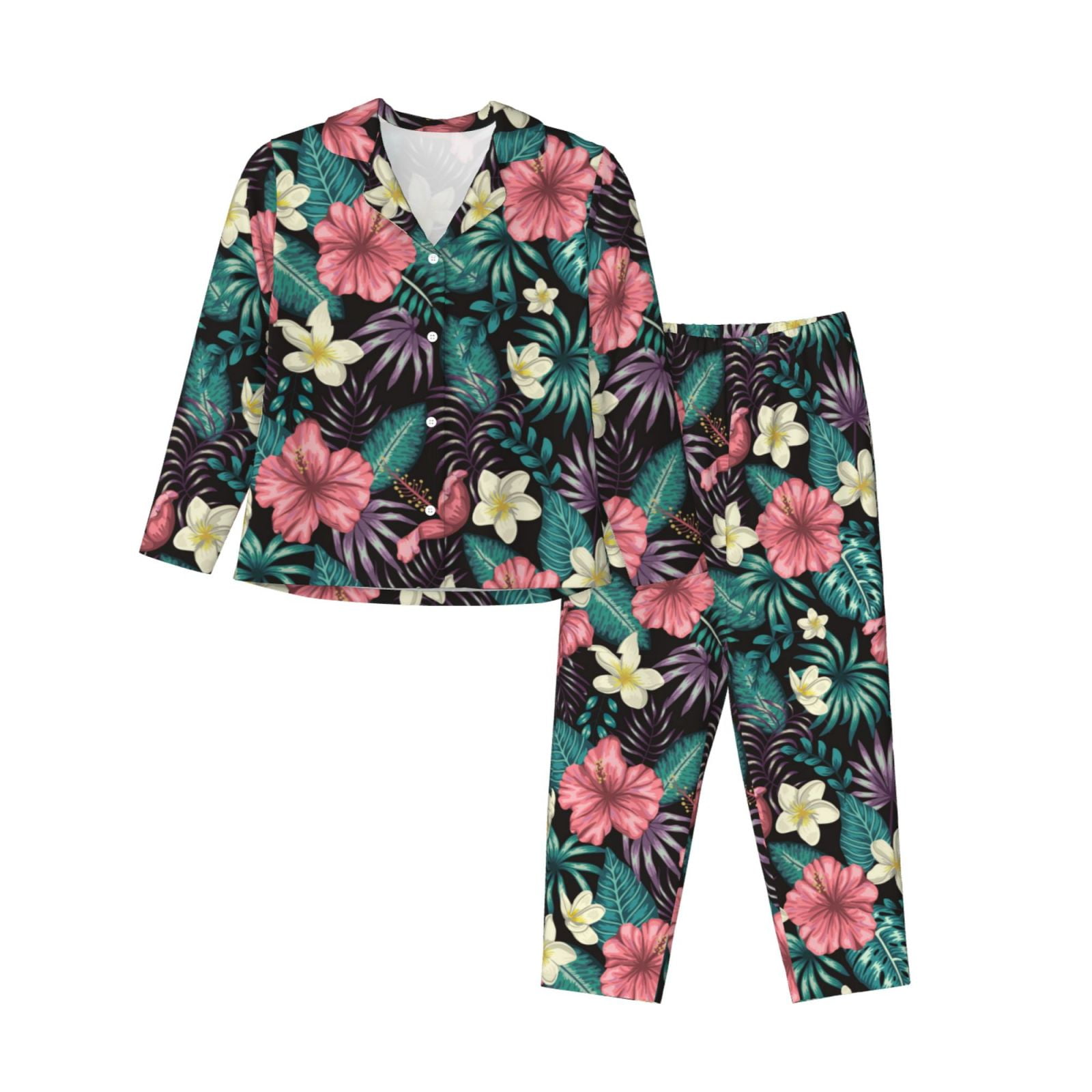 Pajama Sets for Women 2 Pcs, Green Tropical Leaves Button Down Long ...