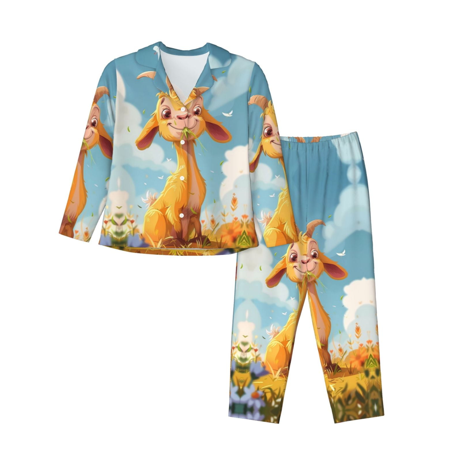 Pajama Sets for Women 2 Pcs, Happy Goat In Meadow Button Down Long ...