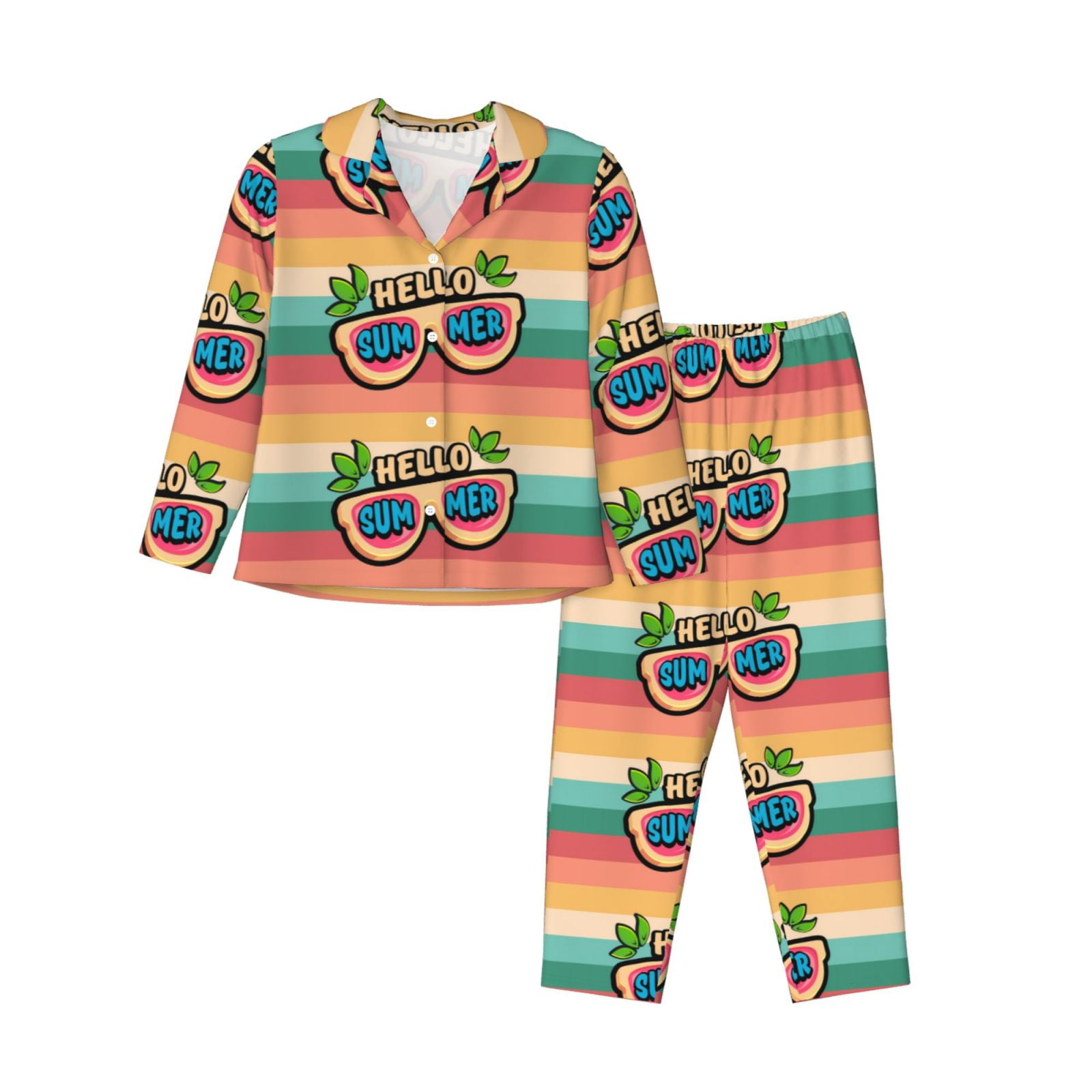Pajama Sets for Women 2 Pcs, Hello Summer Button Down Long Sleeve ...