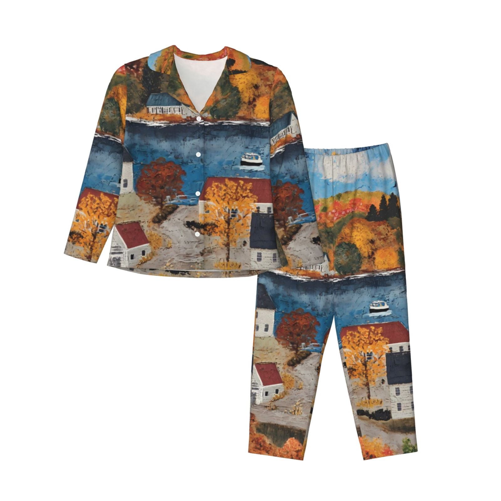 Pajama Sets for Women 2 Pcs, Idyllic Fall Village Scene Button Down ...