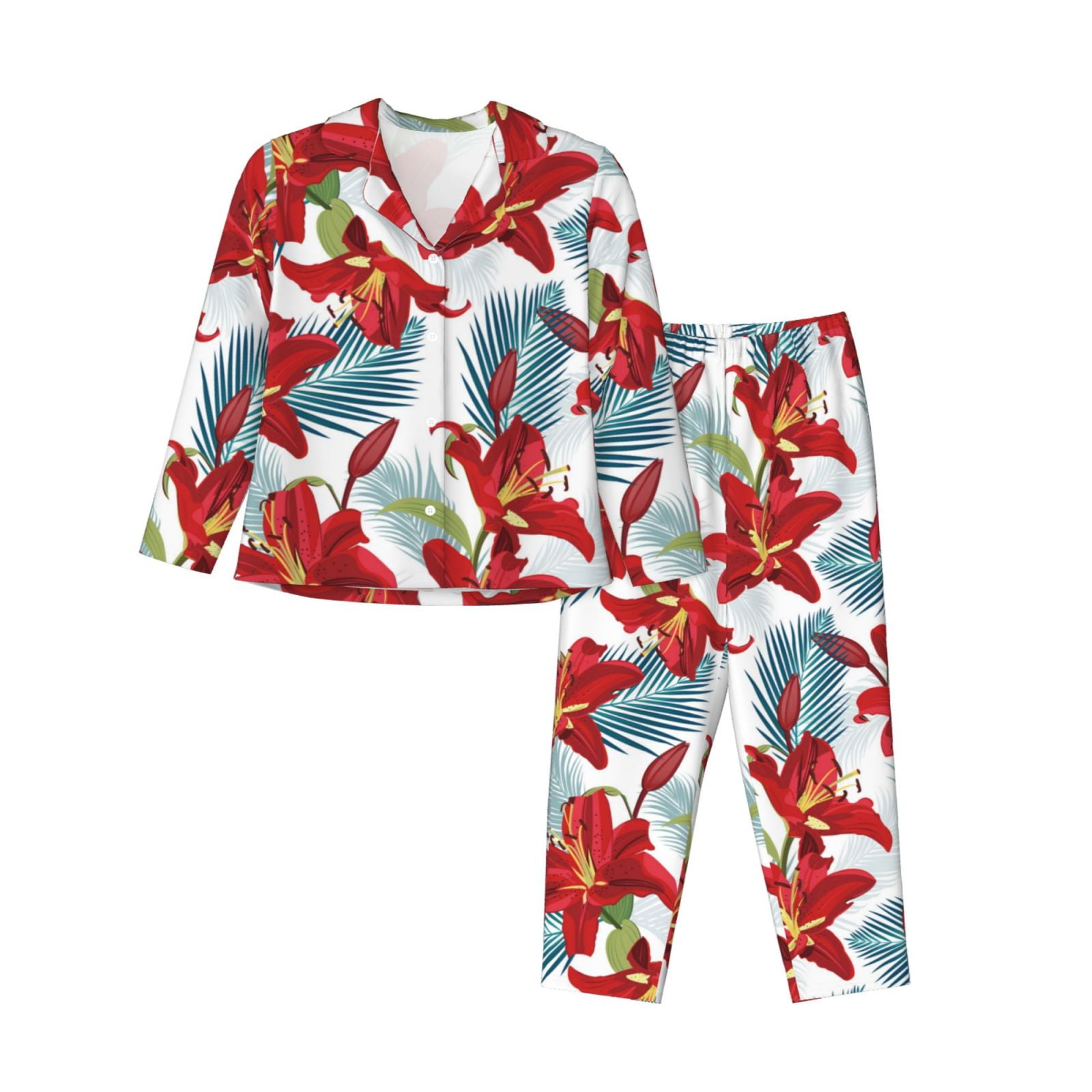 Pajama Sets for Women 2 Pcs, Lilies Flowers Blue Red Button Down Long ...