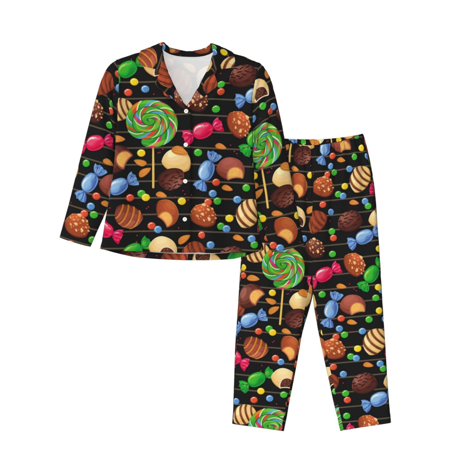 Pajama Sets for Women 2 Pcs, Lollipop Candy Chocolate Bean Print Button ...