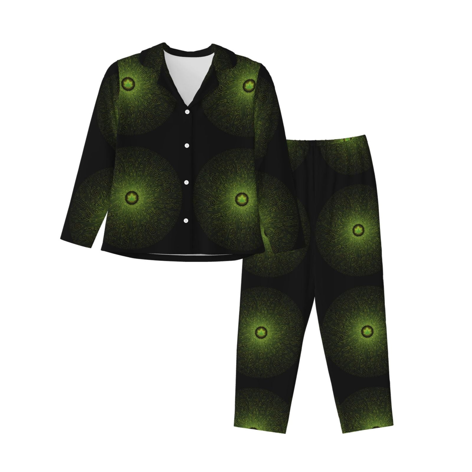 Pajama Sets for Women 2 Pcs, Mandala With Marijuana Leaf Button Down ...