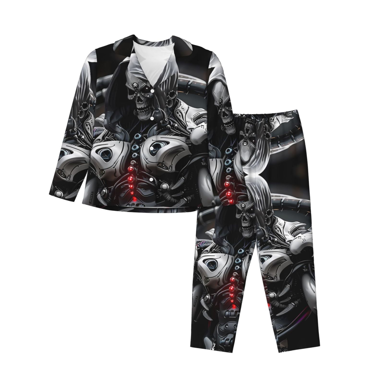 Pajama Sets for Women 2 Pcs, Mecha Skeleton Warrior Button Down Long ...