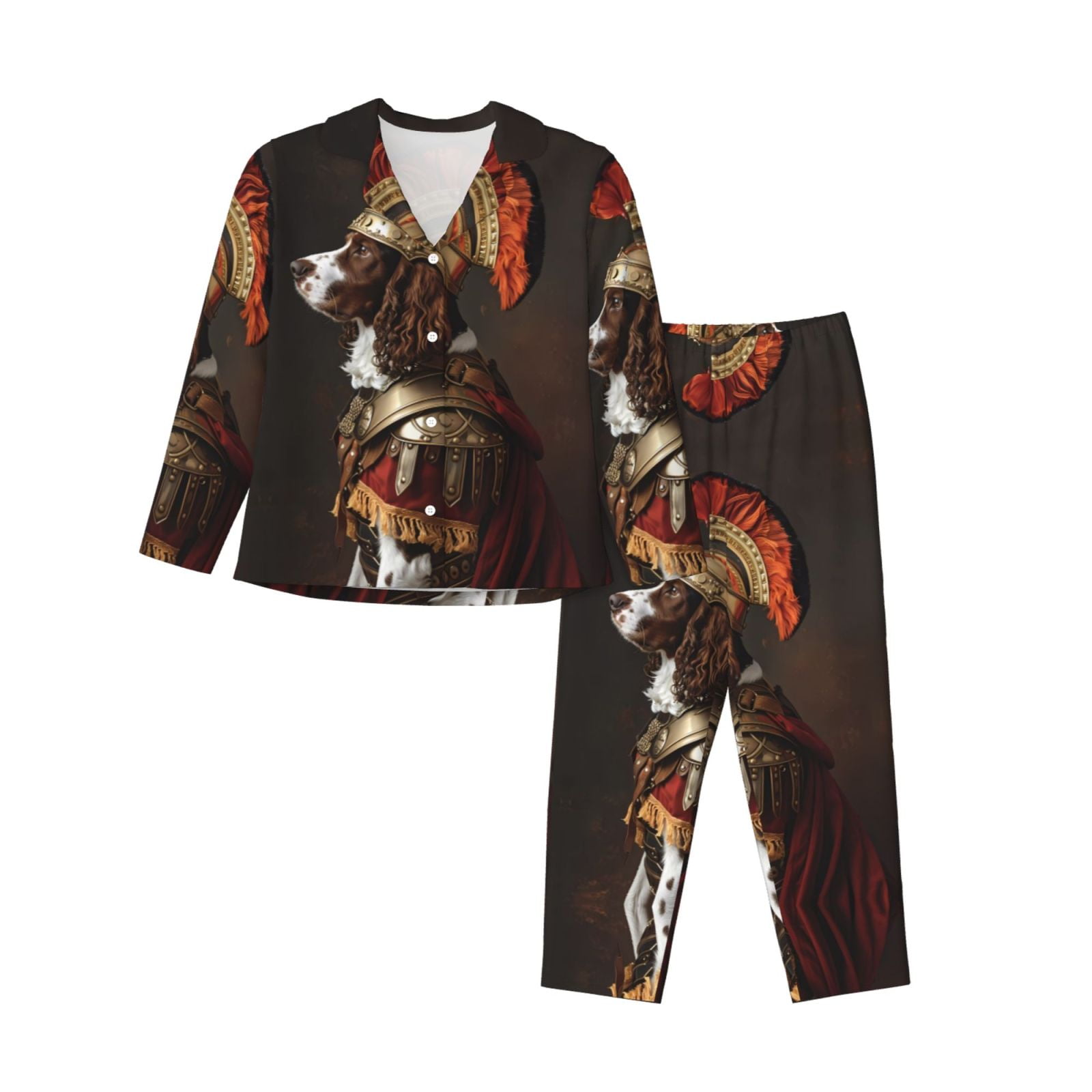 Pajama Sets for Women 2 Pcs, Medieval Knight Dog Button Down Long ...