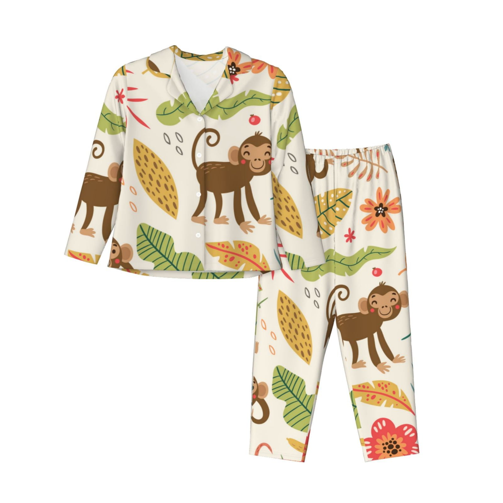 Pajama Sets for Women 2 Pcs, Monkeys in the Jungle Button Down Long ...