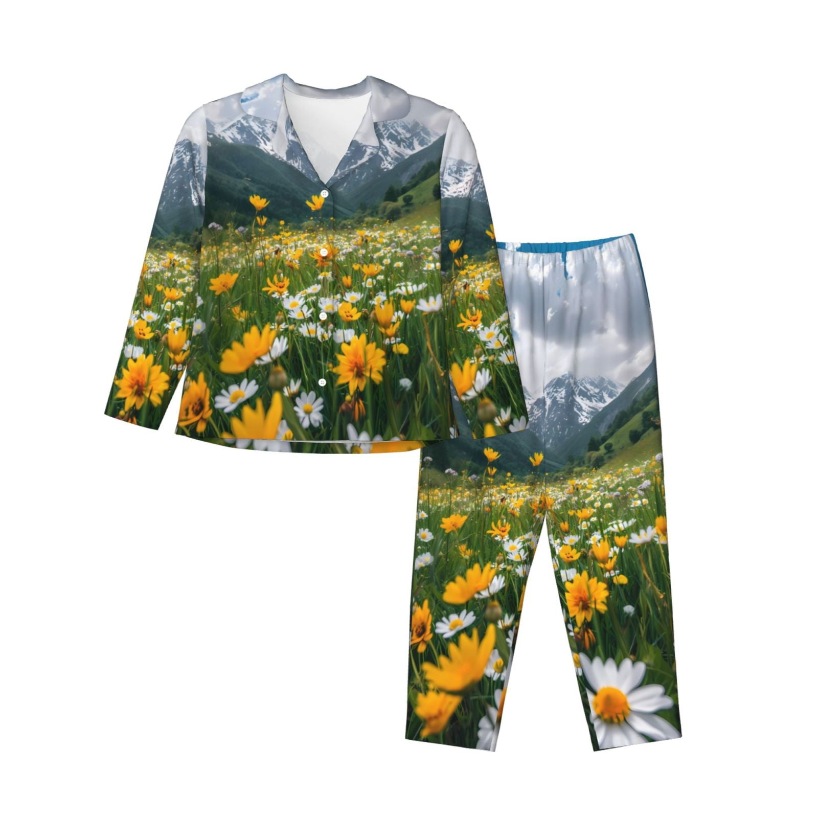 Pajama Sets for Women 2 Pcs, Mountain Daisy Meadow Button Down Long ...