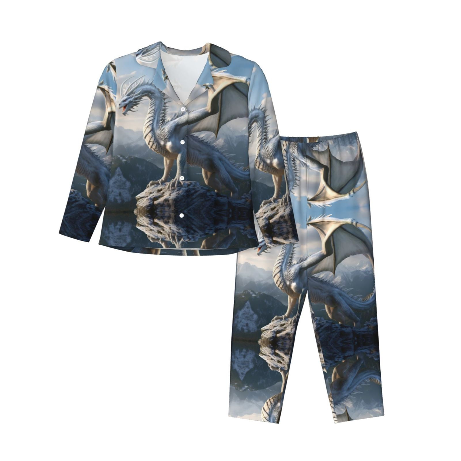 Pajama Sets for Women 2 Pcs, Mountain White Dragon Button Down Long ...