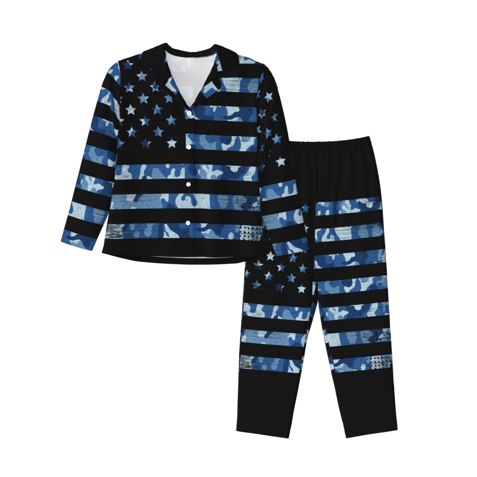 Pajama Sets for Women 2 Pcs, Navy Camouflage American Flag Button Down ...