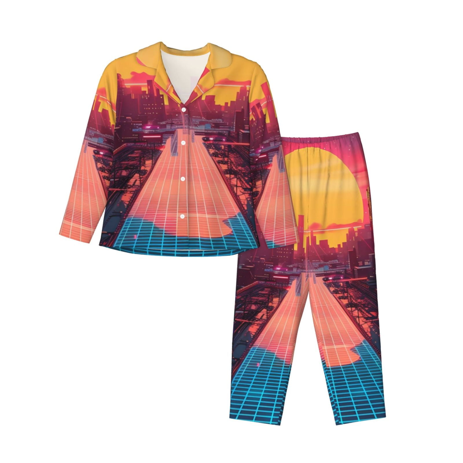 Pajama Sets for Women 2 Pcs, Neon Sunset Cyberpunk Cityscape Button ...